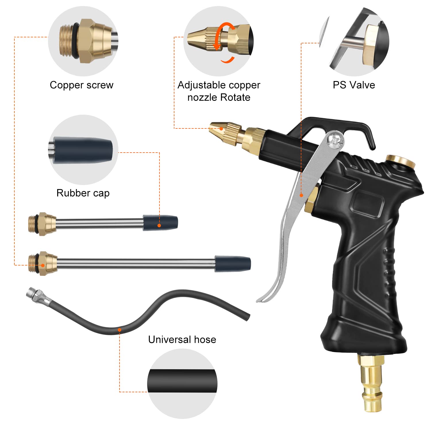 Industrial Air Blow Gun with Brass Adjustable Air Flow Nozzle , Universal hose and 2 Steel Air flow Extension.Pneumatic Air Compressor Accessory Tool Dust Cleaning Air Blower Gun. (2pcs)