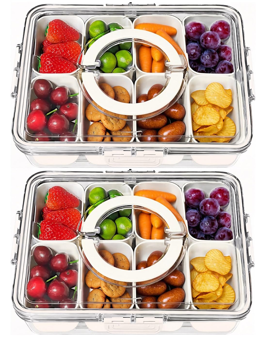 TOGGOT Portable Snackle Box Container - Divided Serving Tray with Lid and Handle, Clear Snack Box Organizer for Fruits, Candy, Charcuterie, Snacks - Ideal for Party, Travel & Beach - 2 Pack