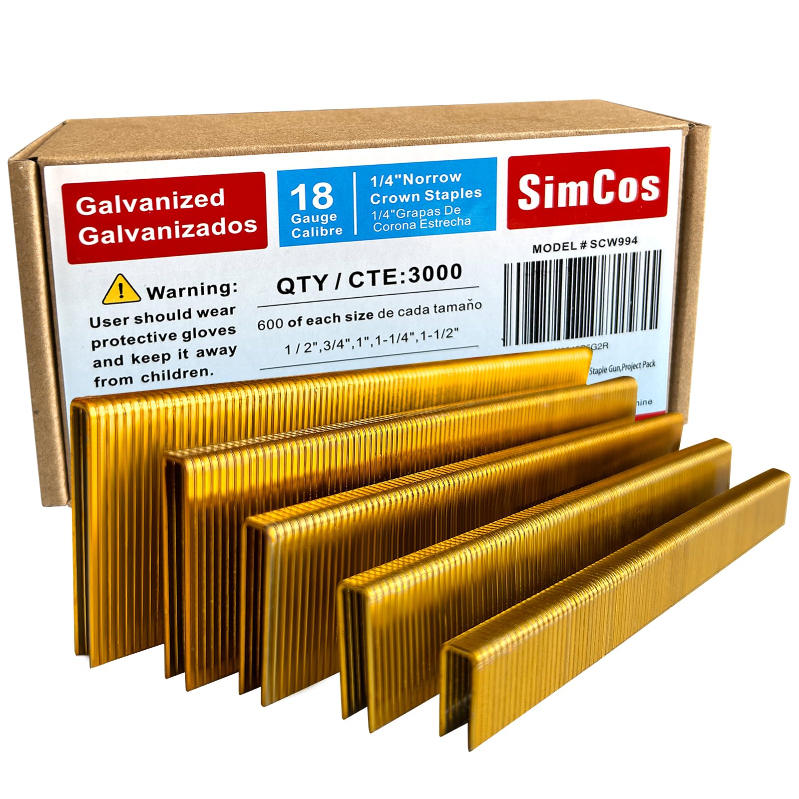SimCos 18 Gauge 1/4" Narrow Crown Staples (1-1/2",1-1/4" 1", 3/4", 1/2"), Galvanized Assorted Sizes for 18 GA Pneumatic or Electric Stapler or Staple Gun,Project Pack (Assembly 3000)