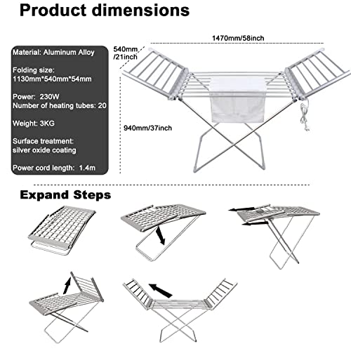 PHASFBJ Multifunctional Foldable 45-55℃ Constant Temperature Electric Heated Drier Clothes Airer Hanger Shoes Drying Rack with Waterproof Power Switch for Laundry Room, School