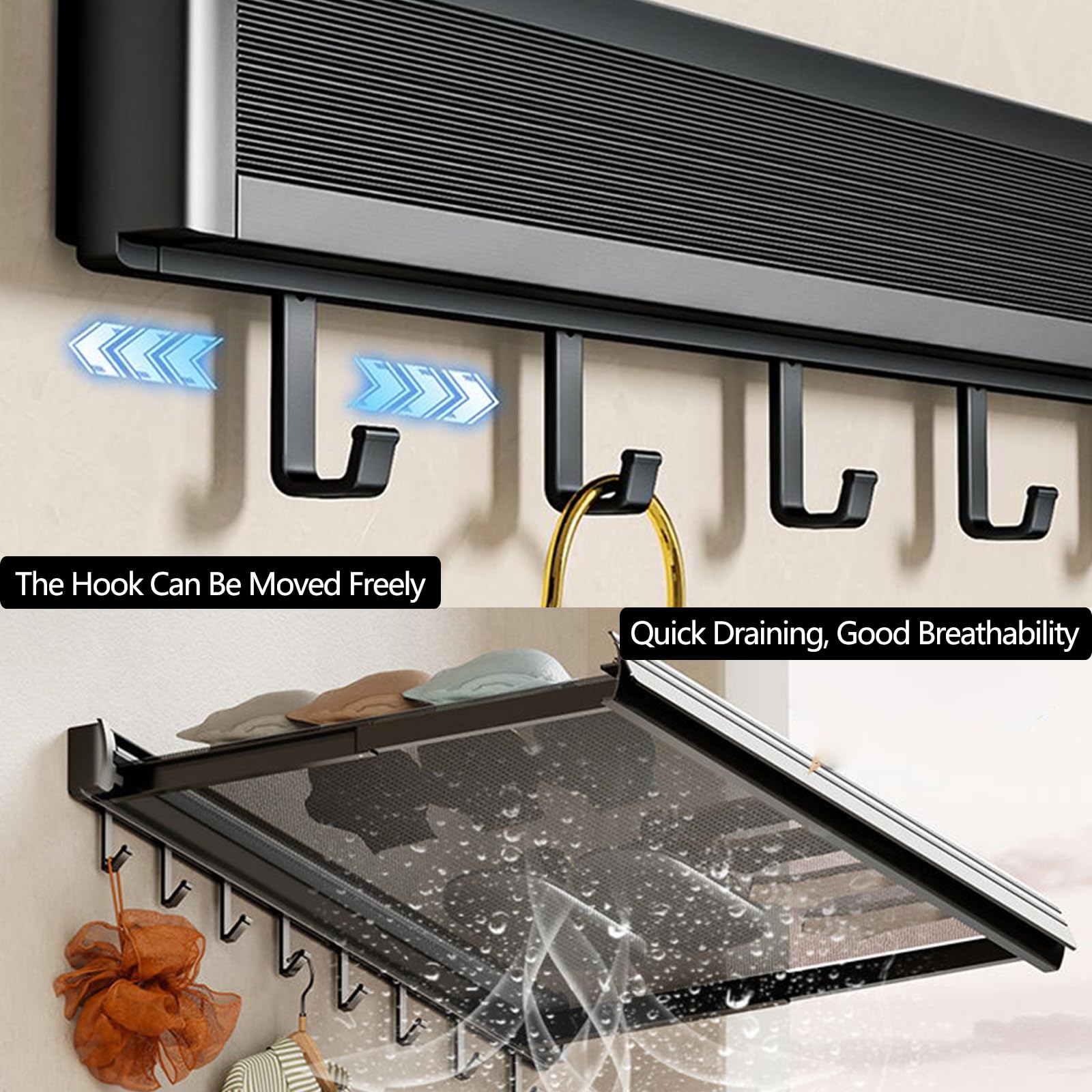 QUZIREVA Retractable Towel Racks for Bathroom Wall Mounted with Hooks Clothes Drying Rack Bathroom Shelf for Collapsible Towel Rack Foldable Towel Holder for Kitchen, Balcony Laundry Room