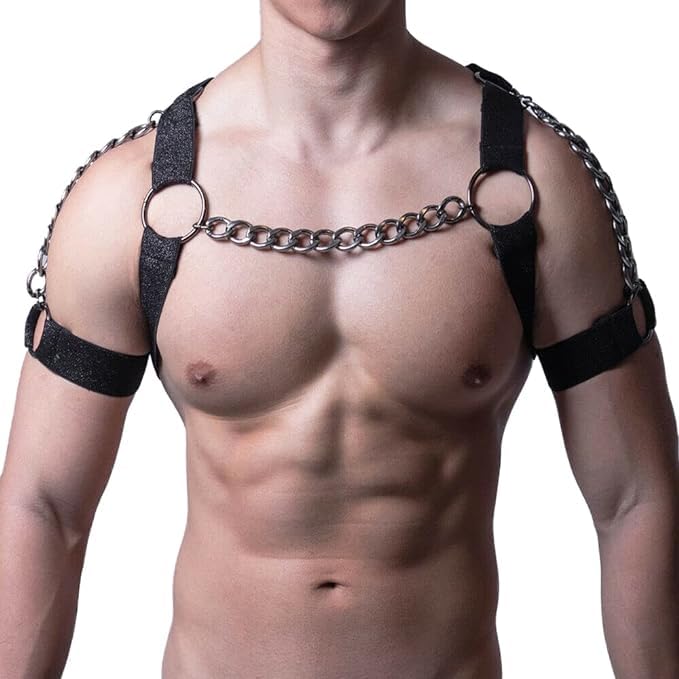 Furealux Leather Men's Shiny Body Chest Belt Adjustable Buckle Straps Costume Party