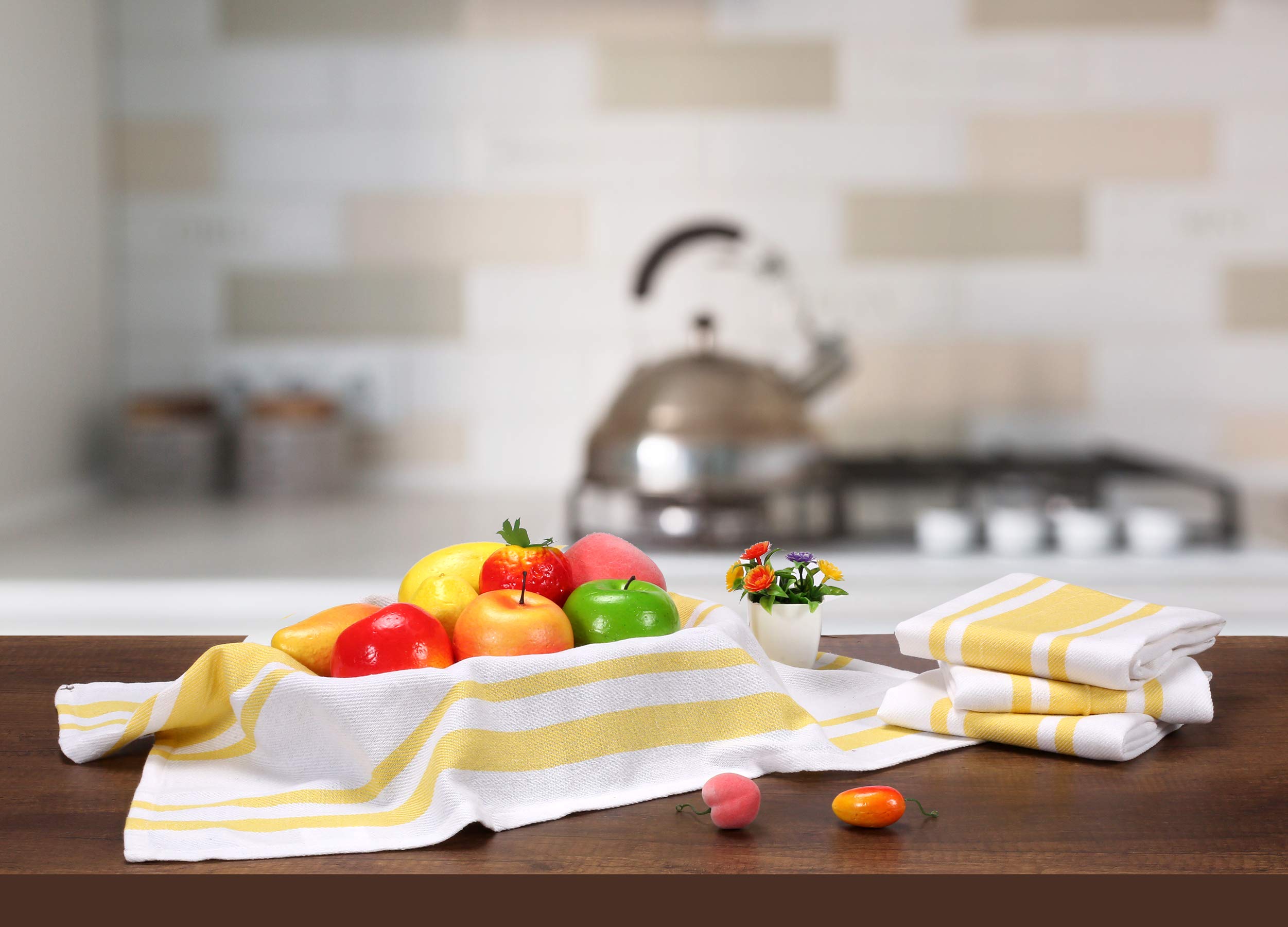 Heavy Duty Oversized Kitchen Towels & Dishcloth (Set of 6 Yellow 18x28) Highly Absorbent, Professional Grade Cotton Tea Towels for Everyday Cooking and Baking- Modern Clean Striped Pattern