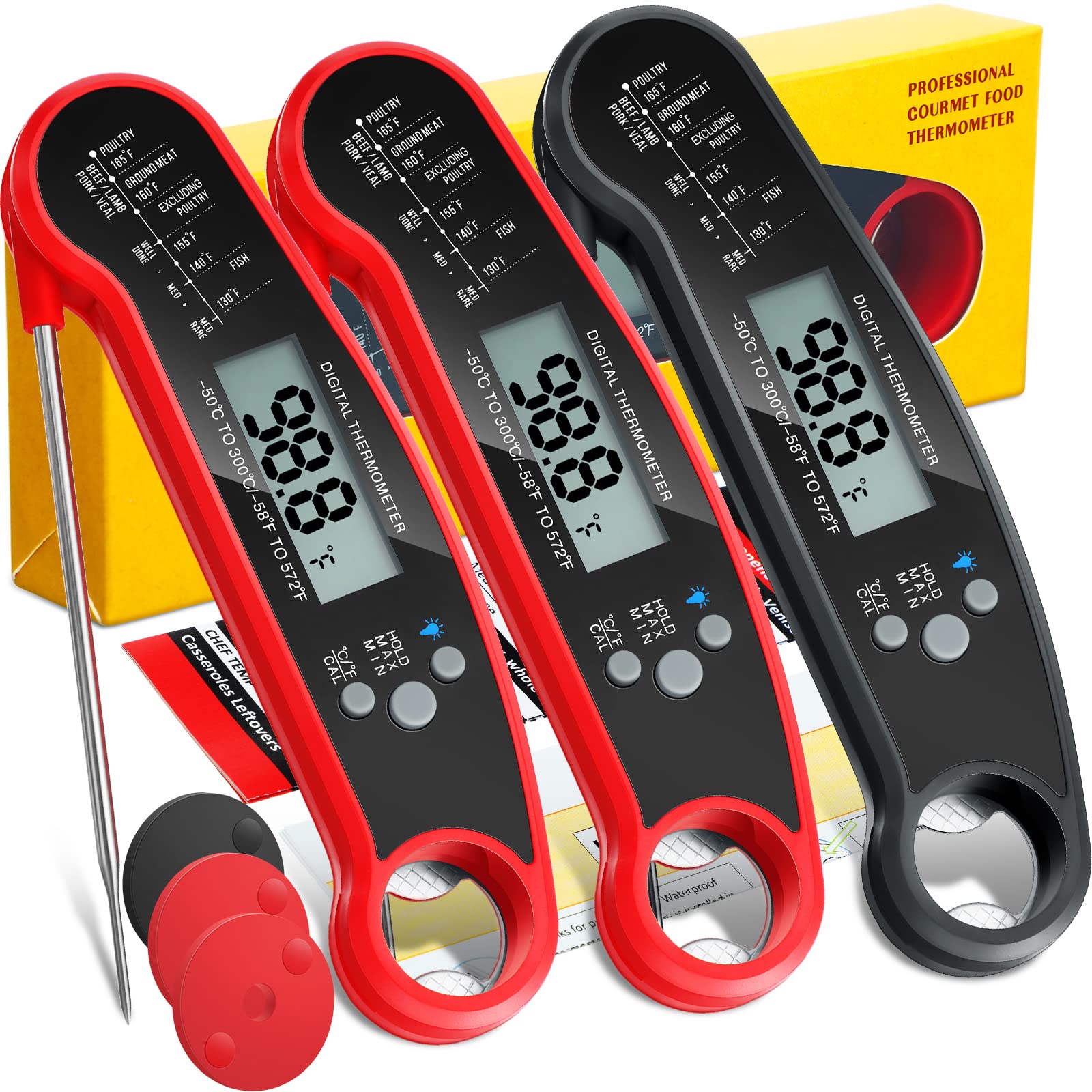 Leelosp 3 Pcs Digital Meat Thermometer with Probe Waterproof Fast Read Food Thermometer Kitchen Grilling Cooking Thermometer with Backlight Magnet and Calibration for Baking BBQ Outdoor, Red and Black