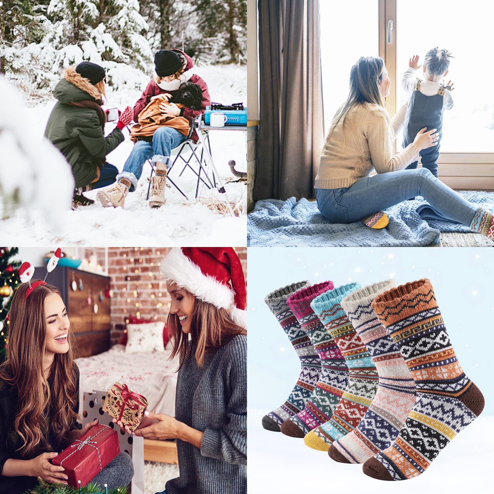 HiTauing 5 Pack Womens Wool Socks Winter Soft Warm Cold Knit Wool Crew Socks Thick Knit Cozy Winter Socks Gifts for Women One Size