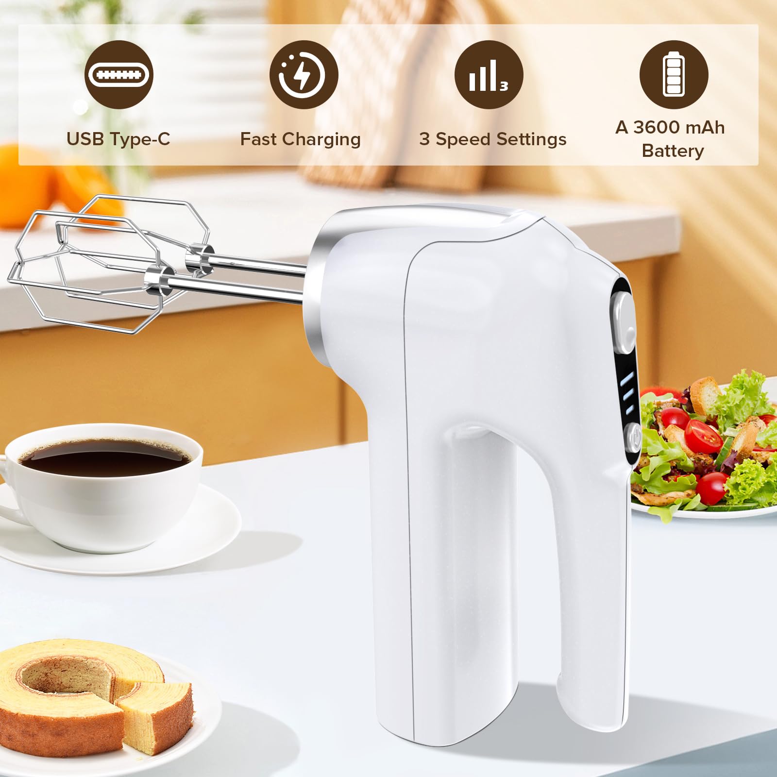 Simivon Rechargeable Hand Mixer - Portable Cordless Electric Mixer with One-Touch Ejector,2 Easy-to-Clean Stainless Steel Dough Hooks,2 Whisks for Easy Whipping, Stirring,Mixing,3 Speed,Pearl White