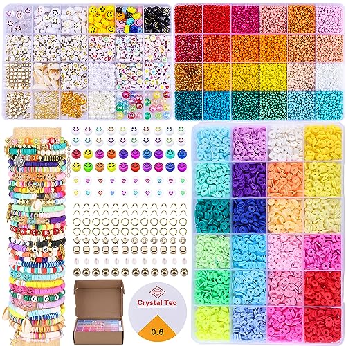 SJZWSD Friendship Bracelet Kit - 13000pcs Polymer Clay & Glass Seed Beads, 48 Colors, 6mm Heishi & 416 Letters Beads for Bracelet Making & Friendship Bead Creations