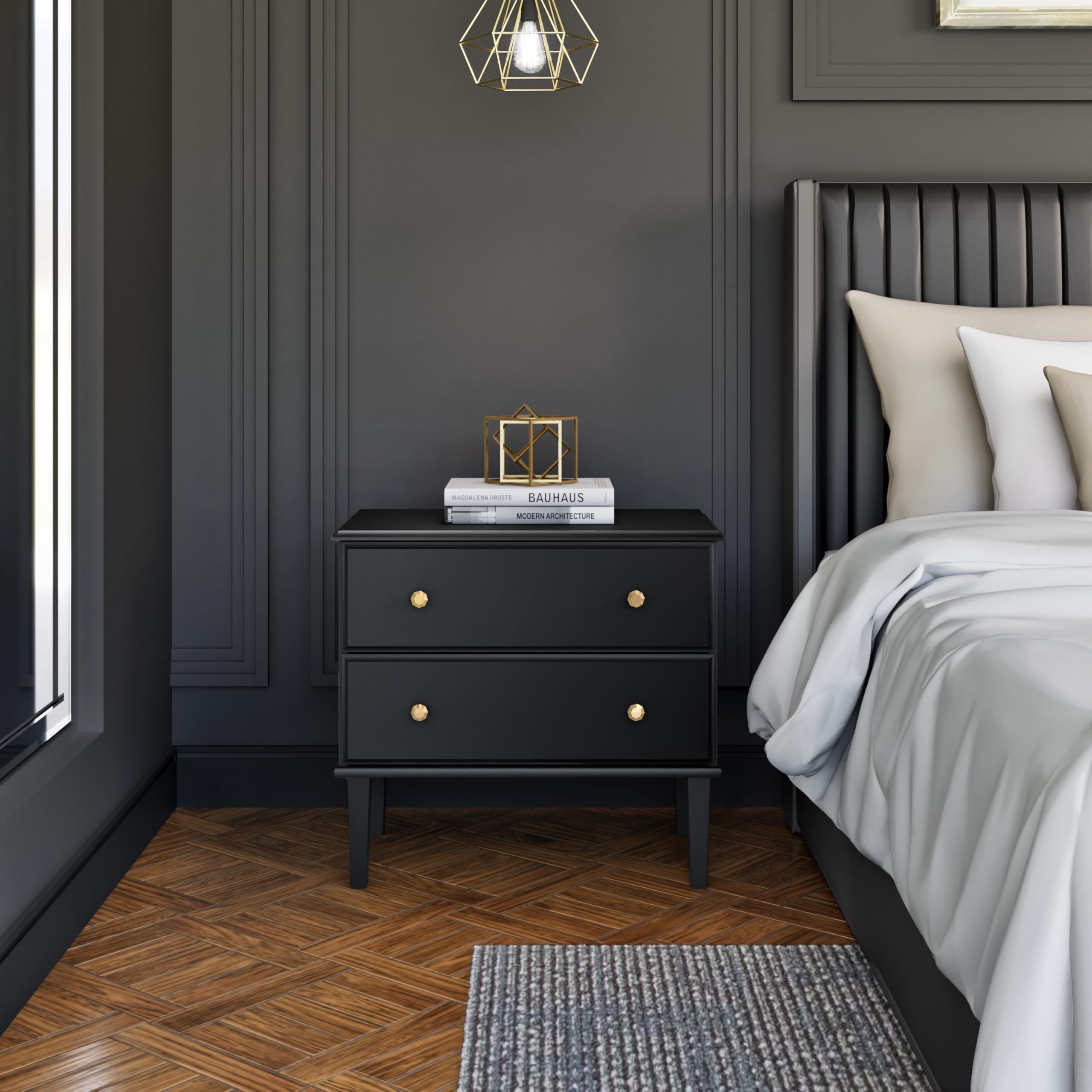 Prepac Lux Nightstand Bedside Table, Black Nightstand for Bedroom, End Table with 2 Drawers 16" D x 27.75" W x 25" H, BDNR-2302-1