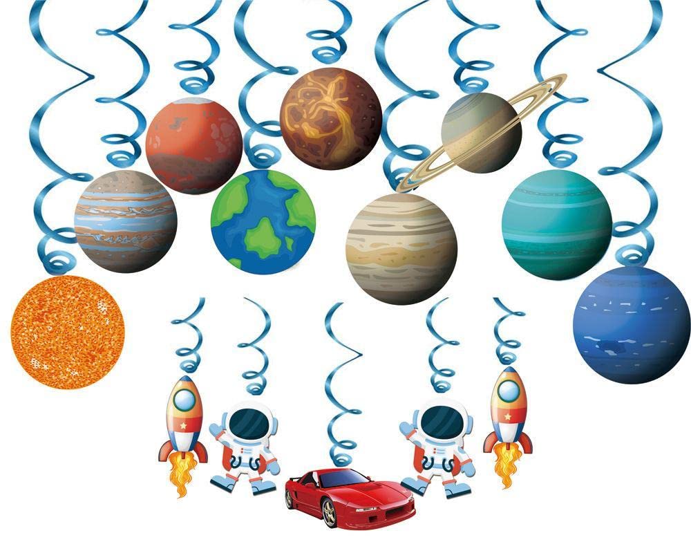 Kids Outer Space Party Decorations,Outer Space astronaut Rocket Spaceship Happy Birthday Banner,Solar System Spiral Planet Decoration, Space Theme Cupcake Toppers,Space Birthday Party Supplies