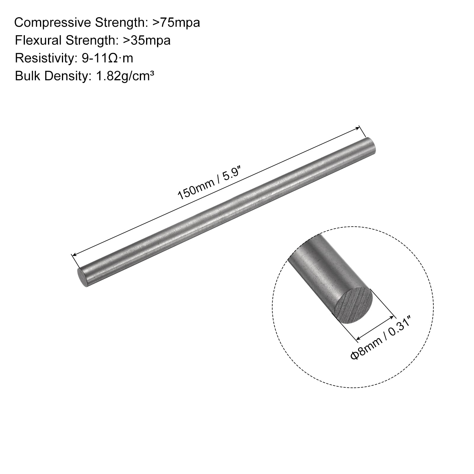 PATIKIL Graphite Rod Graphite Stirring Rod Cylinder Stick Carbon Rod 150x8mm Black for Electrode, Melting Casting, Crucibles, Pack of 5