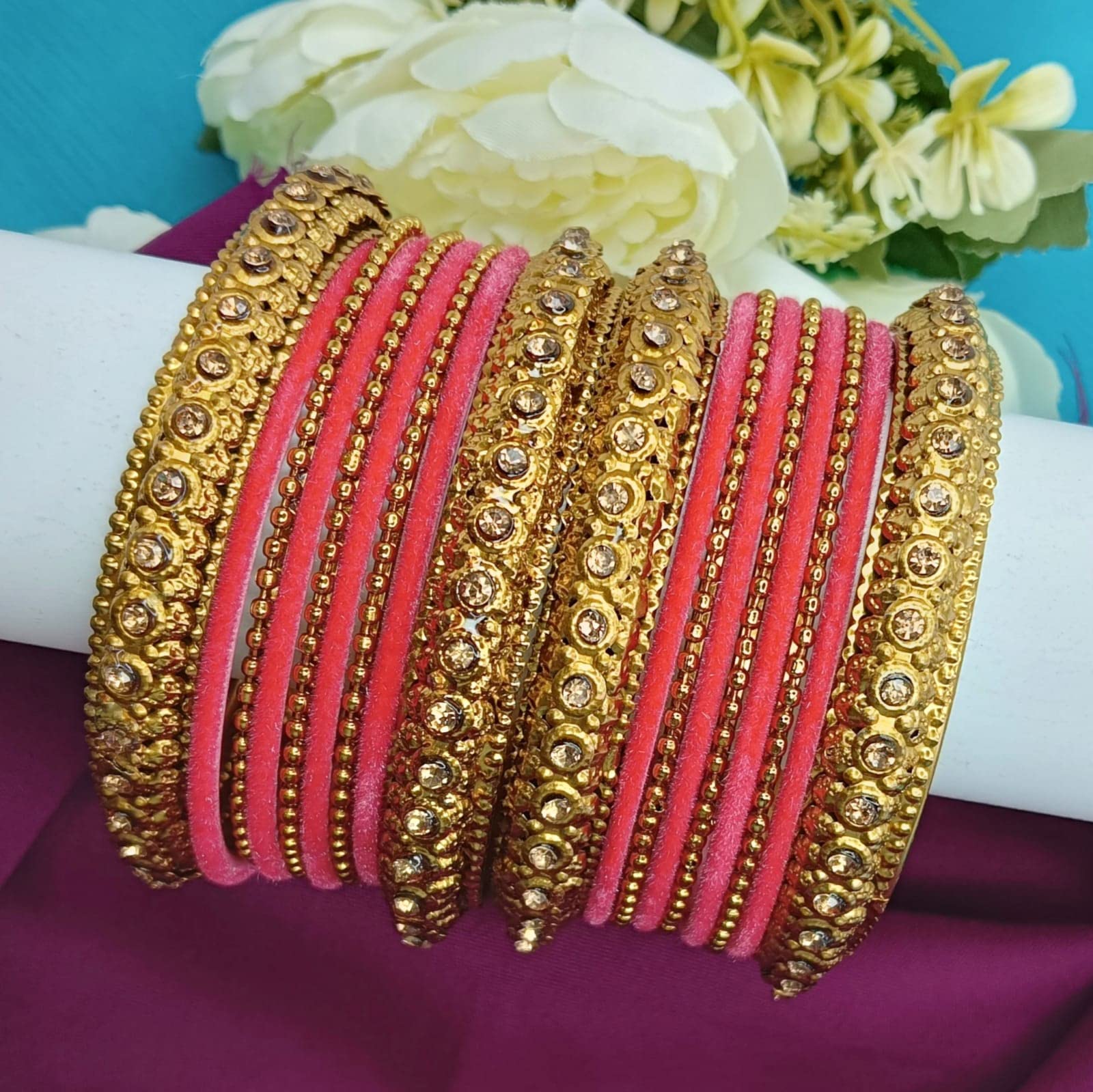 Efulgenz Boho Antique Oxidized Indian Jewellery Tribal Crystal Velvet Bracelet Bangle Set