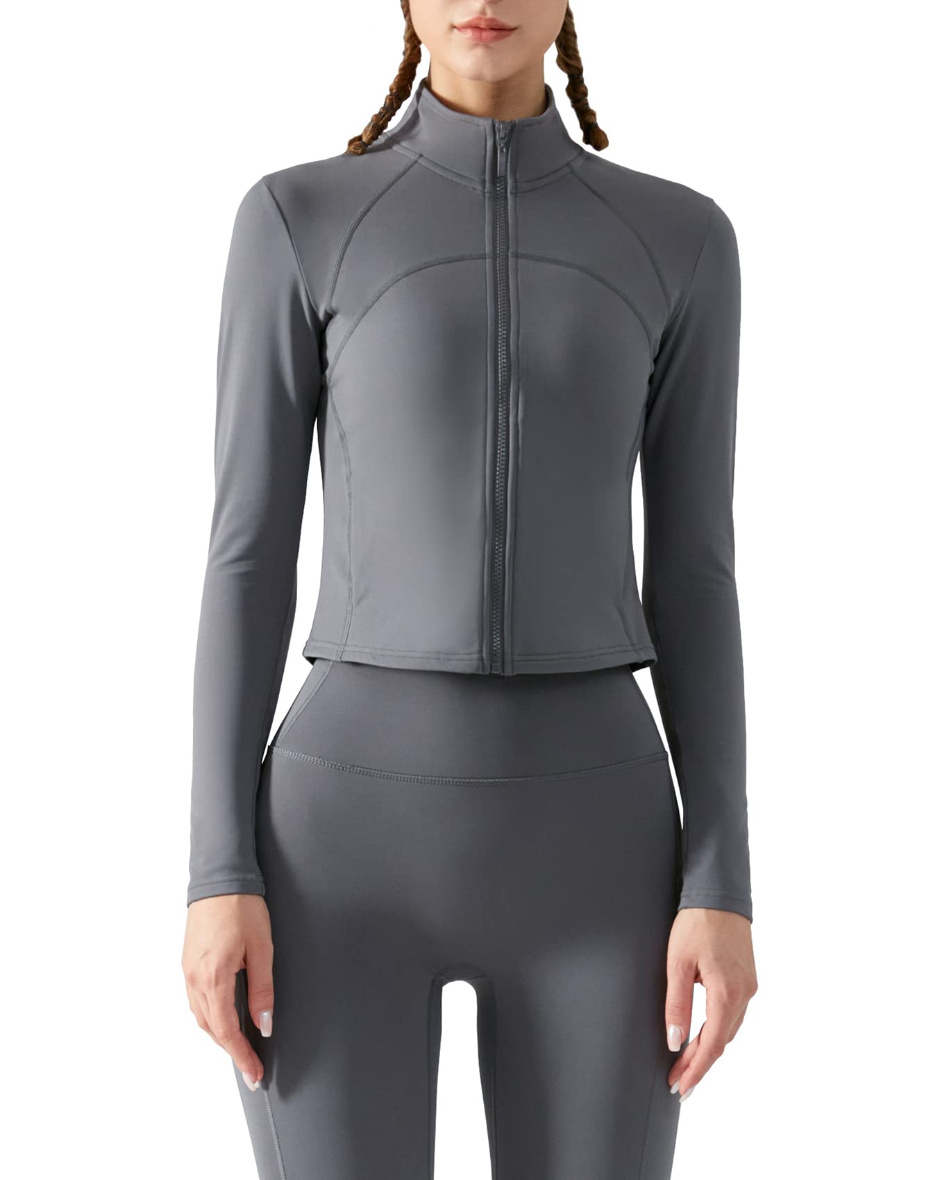 Holylion Women's Warm Fleece Yoga Tops Crop Zip Up Workout Jacket (Grey, M)