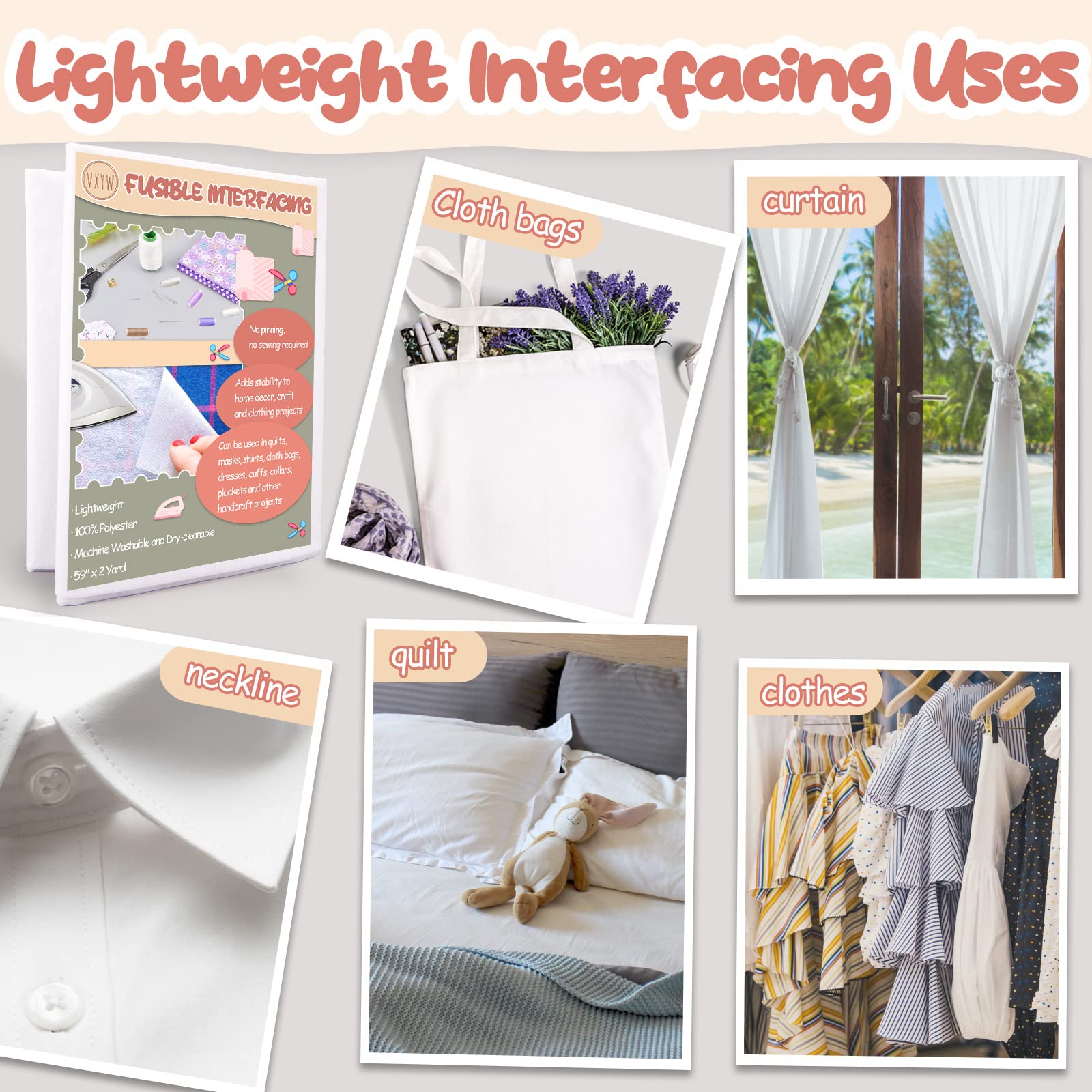 Fusible Interfacing, Lightweight Non-Woven, Fusible Interfacing Lightweight for Sewing Masks, Quilts, Cloth Bags, DIY Crafts, White Polyester Single-Sided Iron On Interfacing, Hem Tape