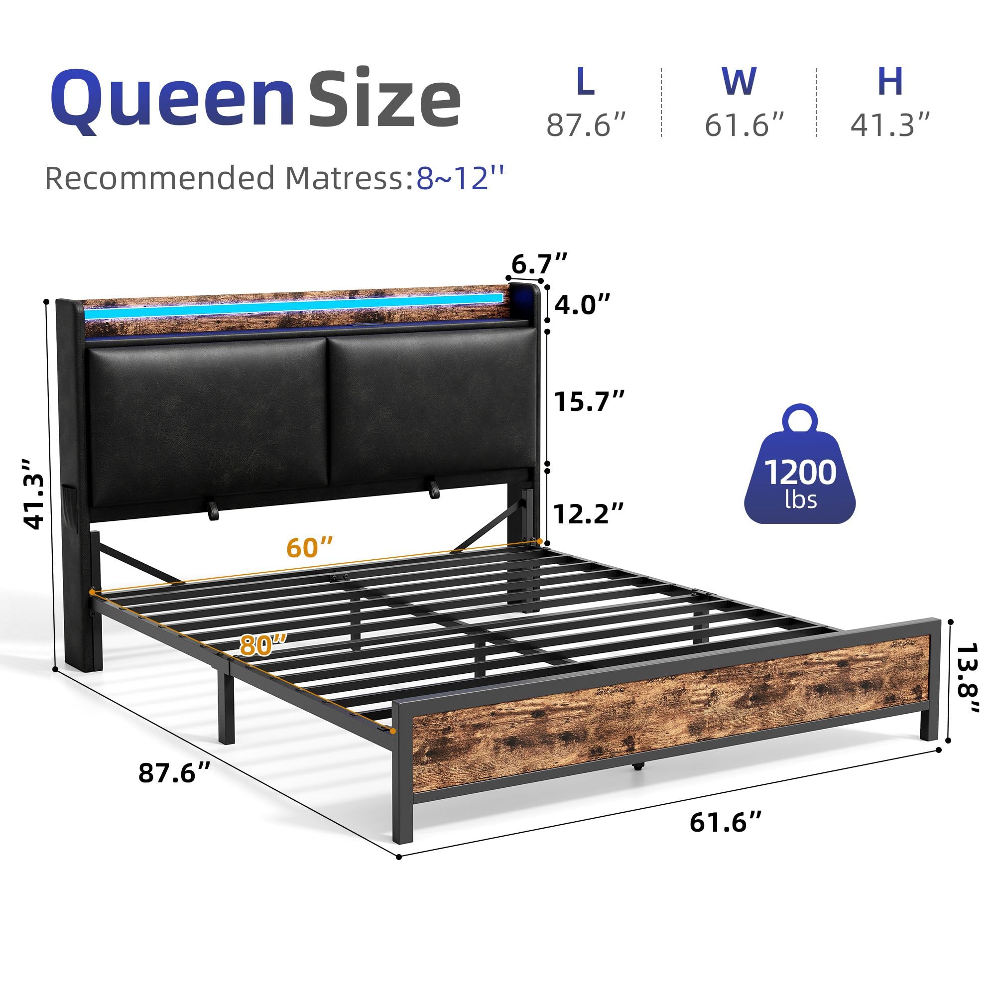 Queen Size Bed Frame with Adjustable Ergonomic Hidden Storage Headboard, PU Leather Upholstered Metal Queen Bed Frame with Charging Station and LED Lights, Heavy Duty, No Box Spring Needed, Black