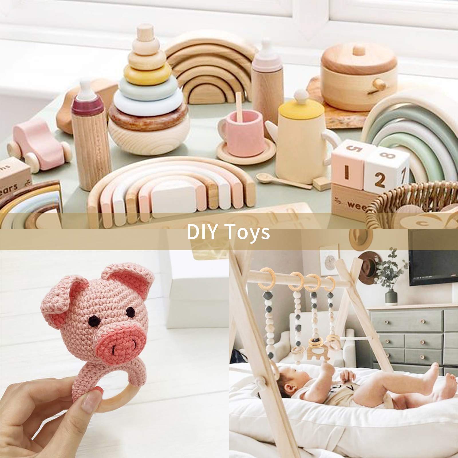 Fuyit 60Pcs Wood Rings, 6 Size Unfinished Solid Natural Wooden Ring Smooth Wood Circles for DIY Crafts, Macrame Decor, Plant Hanger, Toy & Jewelry Making