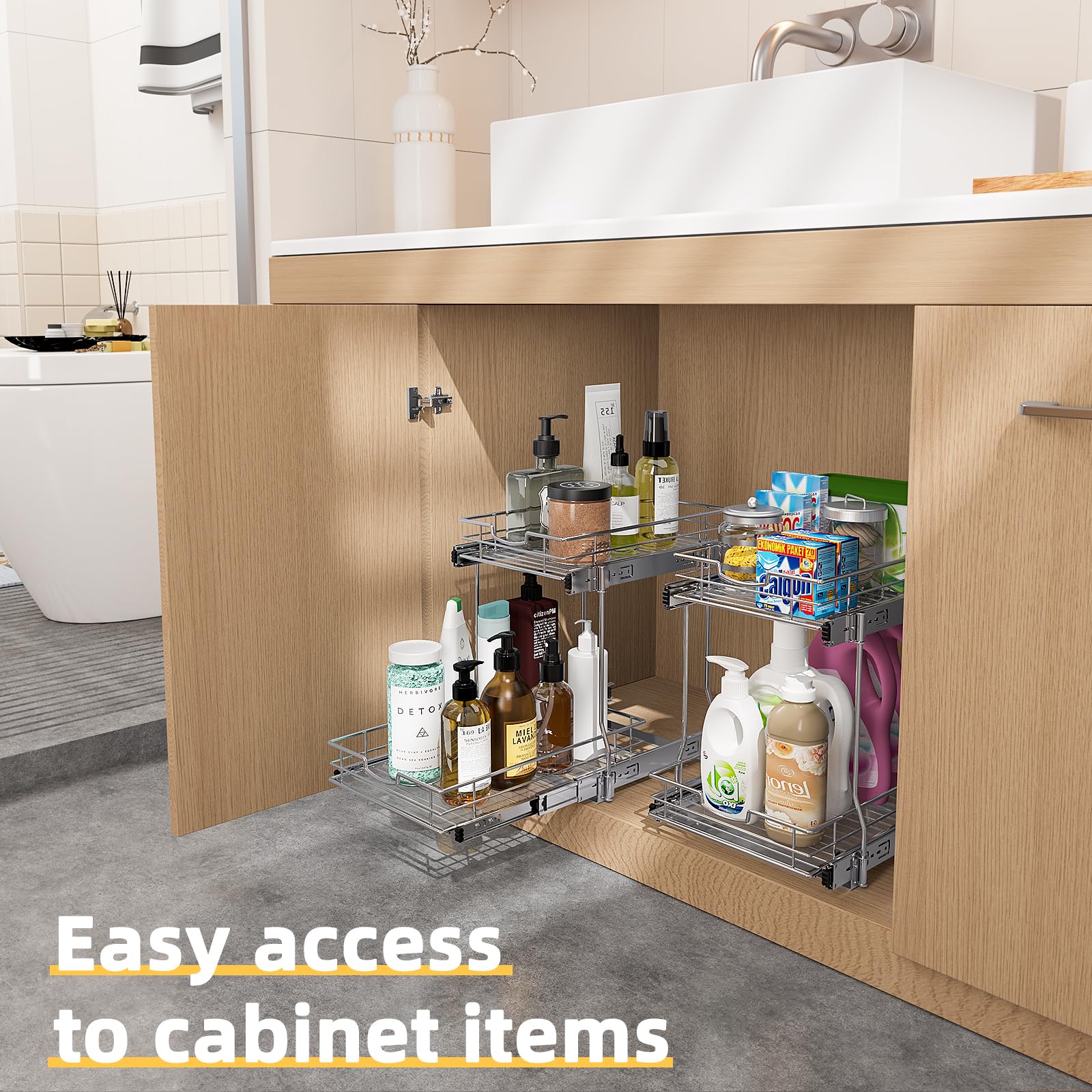 Feverdes 2 Tier Pull Out Cabinet Organizer(13" W X 17" D), Wire Basket Slide Out Kitchen Cabinet Storage Organization Sliding Shelves
