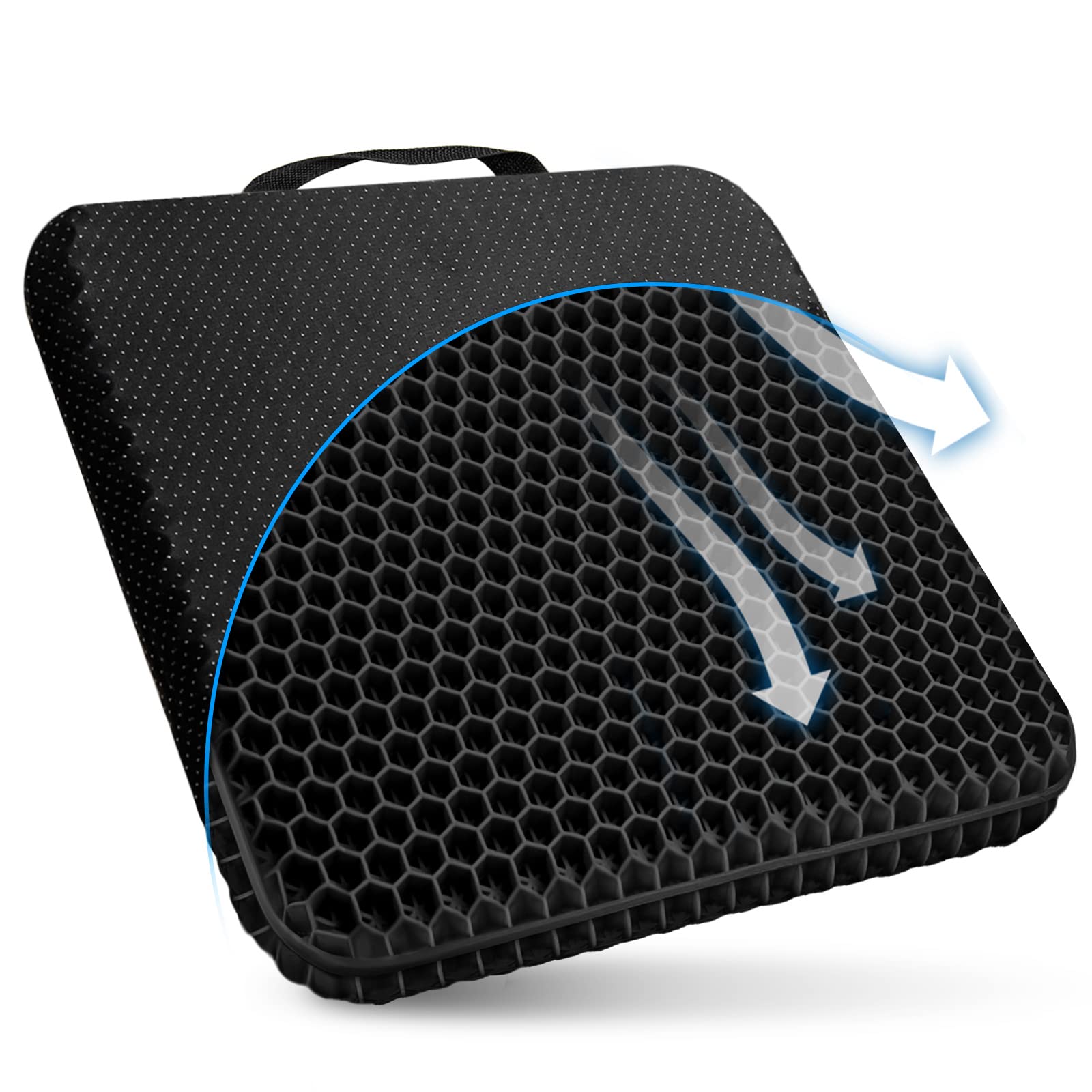Gel Seat Cushion, for Long Sitting -Double Thick Gel Seat Cushion Breathable Honeycomb Chair Cushion with Non-Slip Cover for Office Chair Car, Wheelchair, Long Trips,Relief Sciatica Pain