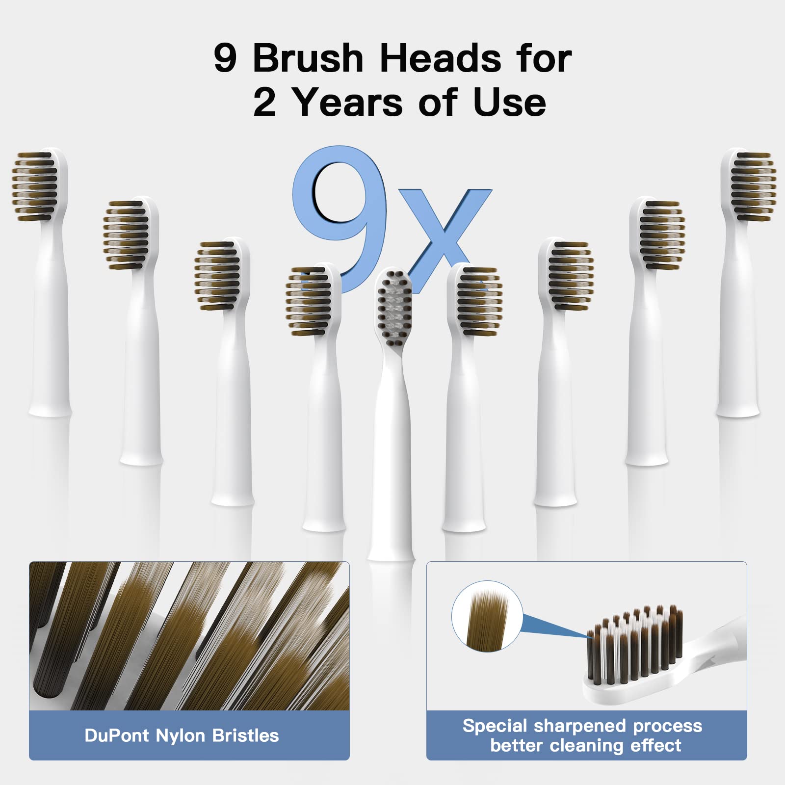 IPX7 waterproof Electric Toothbrush with 9 Brush Heads for Adults and Students, Inductive fast charging, One Charge for 30 Days,5 Modes, 3 Intensity Levels with 2 Minutes Built in Smart Timer(White)