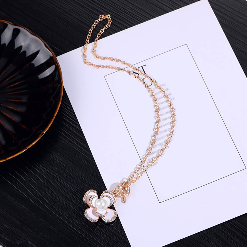 Glamtune Fashion Celebrity Design Rhinestone Flower Charm Pendant Chic Necklace (White)