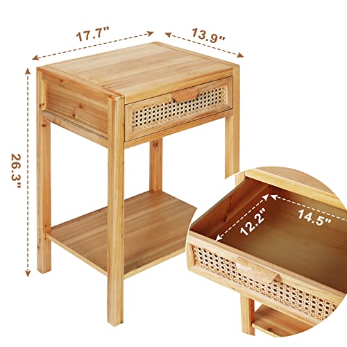 Polar Aurora Nightstand, End Table with Woven Pattern Drawer and Open Storage Shelf, Bedside Furniture, Side Table for Bedroom, Easy Assembly, Natural Walnut