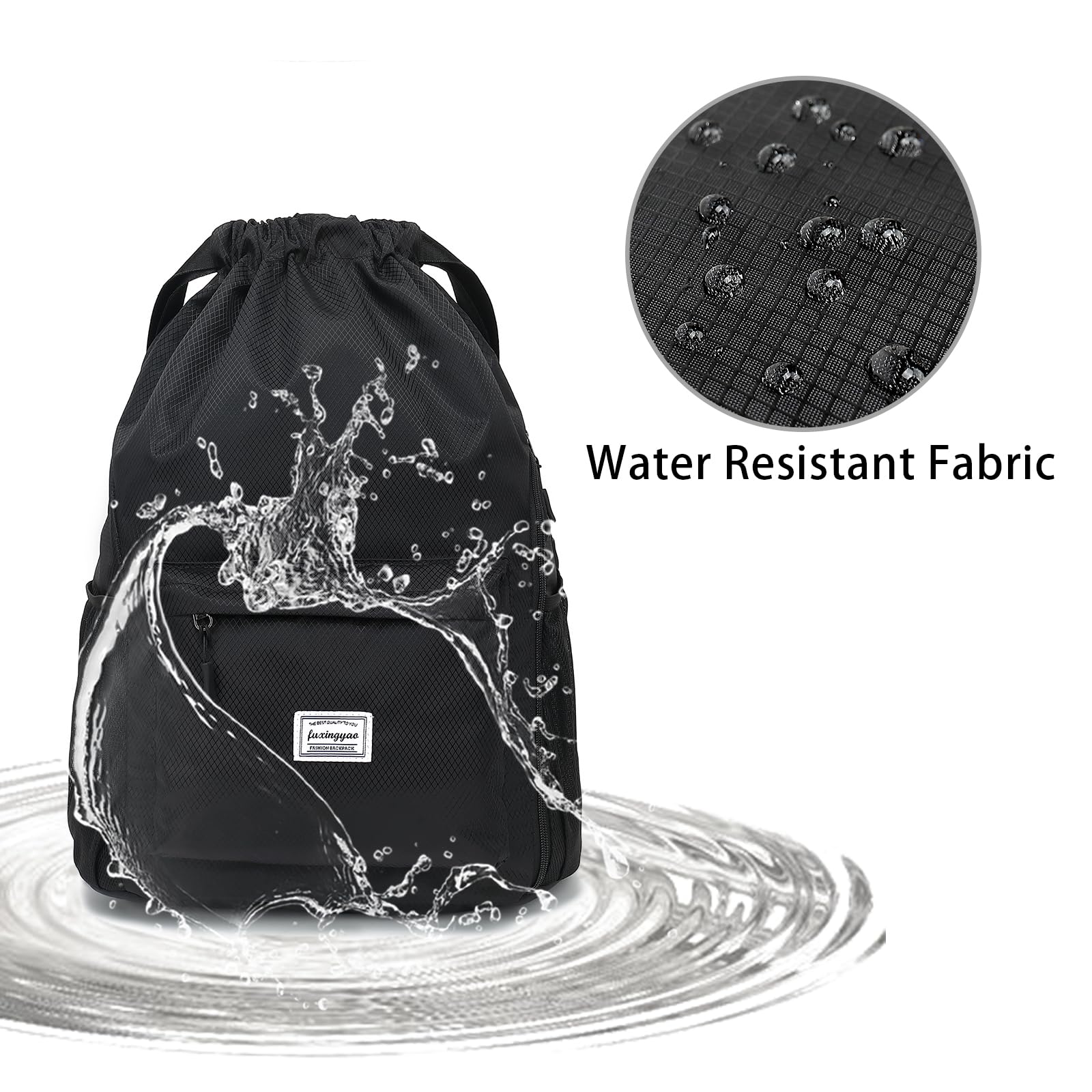FUXINGYAO Drawstring Backpack Sports Gym Bag with Shoes Compartment, String Backpack Cinch for Women Men (Black)