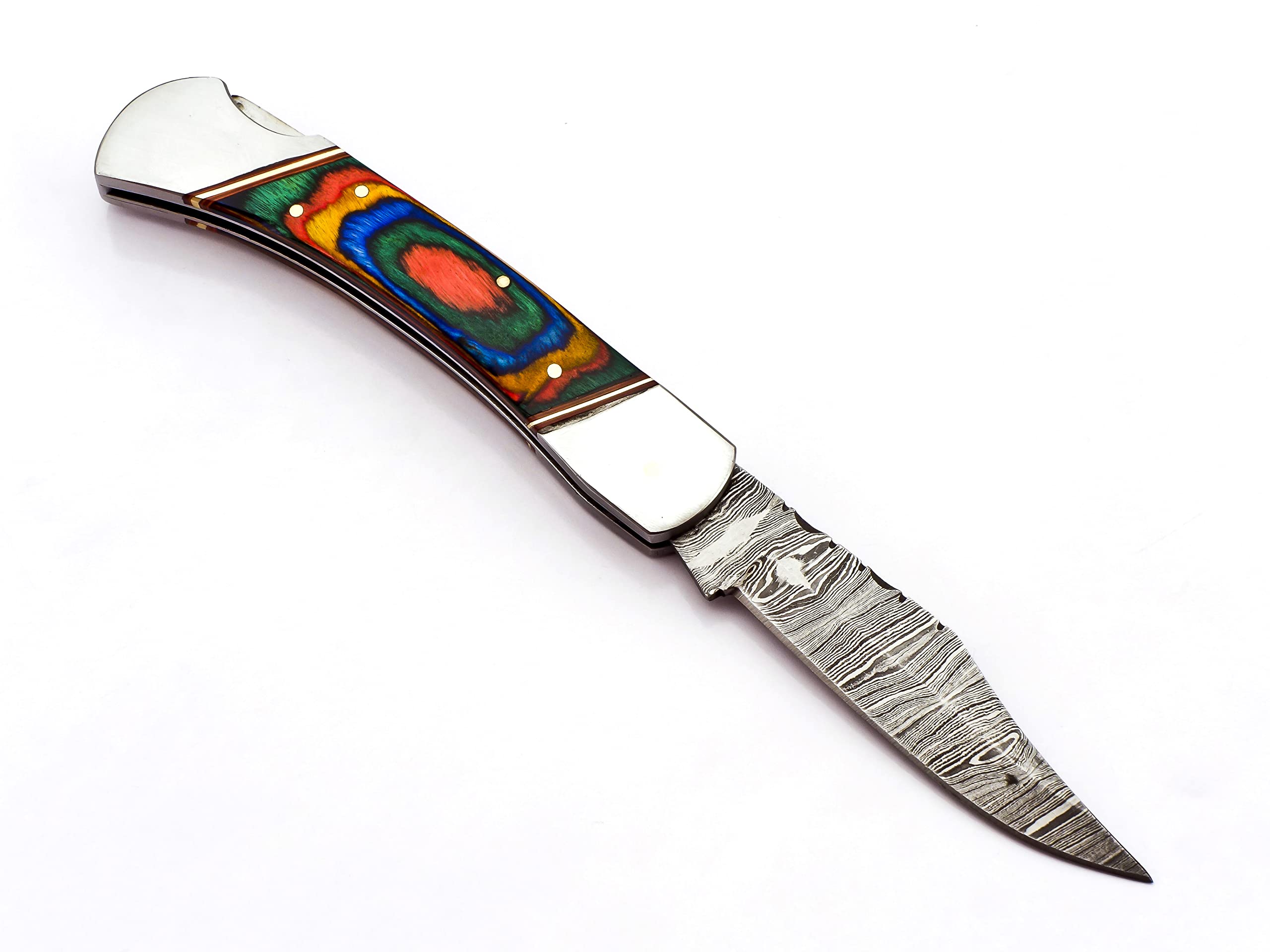 Generic Custom Hand Made Damascus Steel Hunting Folding Knife Handle Multi Color Pocket Knife with Back Lock (Multi Color) 9.00 INCHES LONG