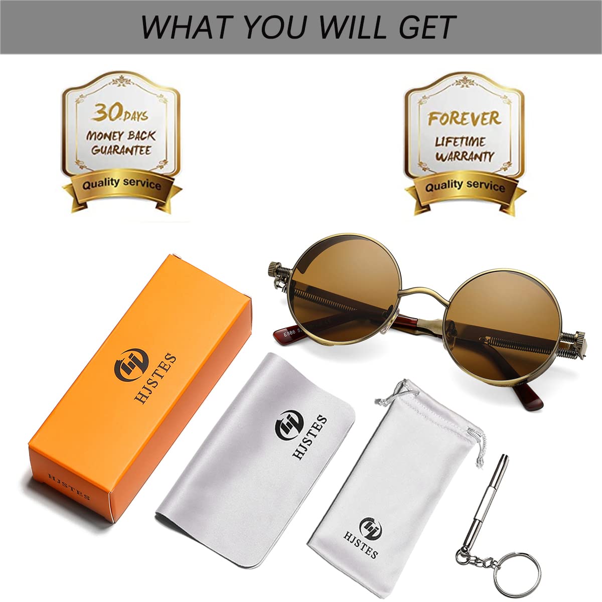 HJSTES Vintage Round Steampunk Sunglasses for Women Men Circle Gothic Glasses Retro Metal Frame(Brown Lens/Bronze Frame)
