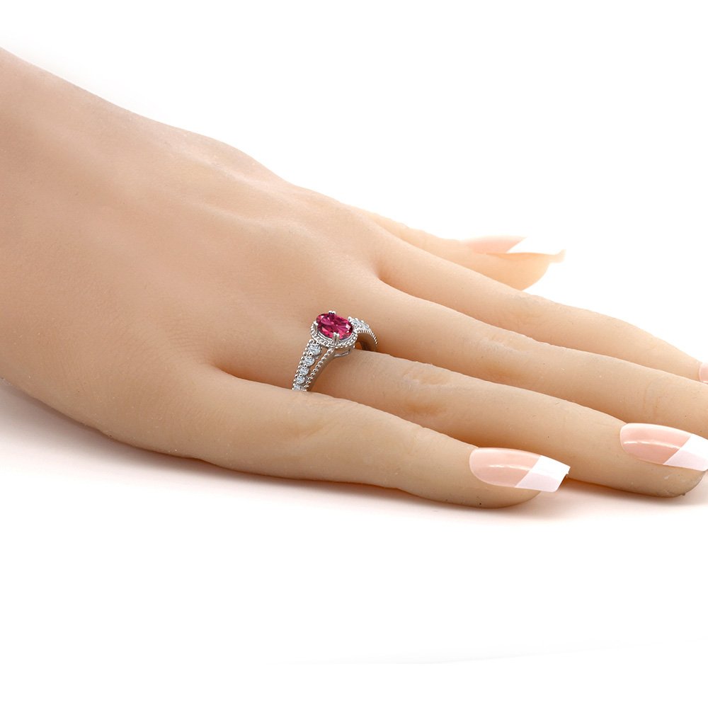 Gem Stone King 925 Sterling Silver Pink Tourmaline and White Topaz Engagement Ring For Women (0.91 Cttw, Oval 7X5MM, Gemstone Birthstone, Available In Size 5, 6, 7, 8, 9)