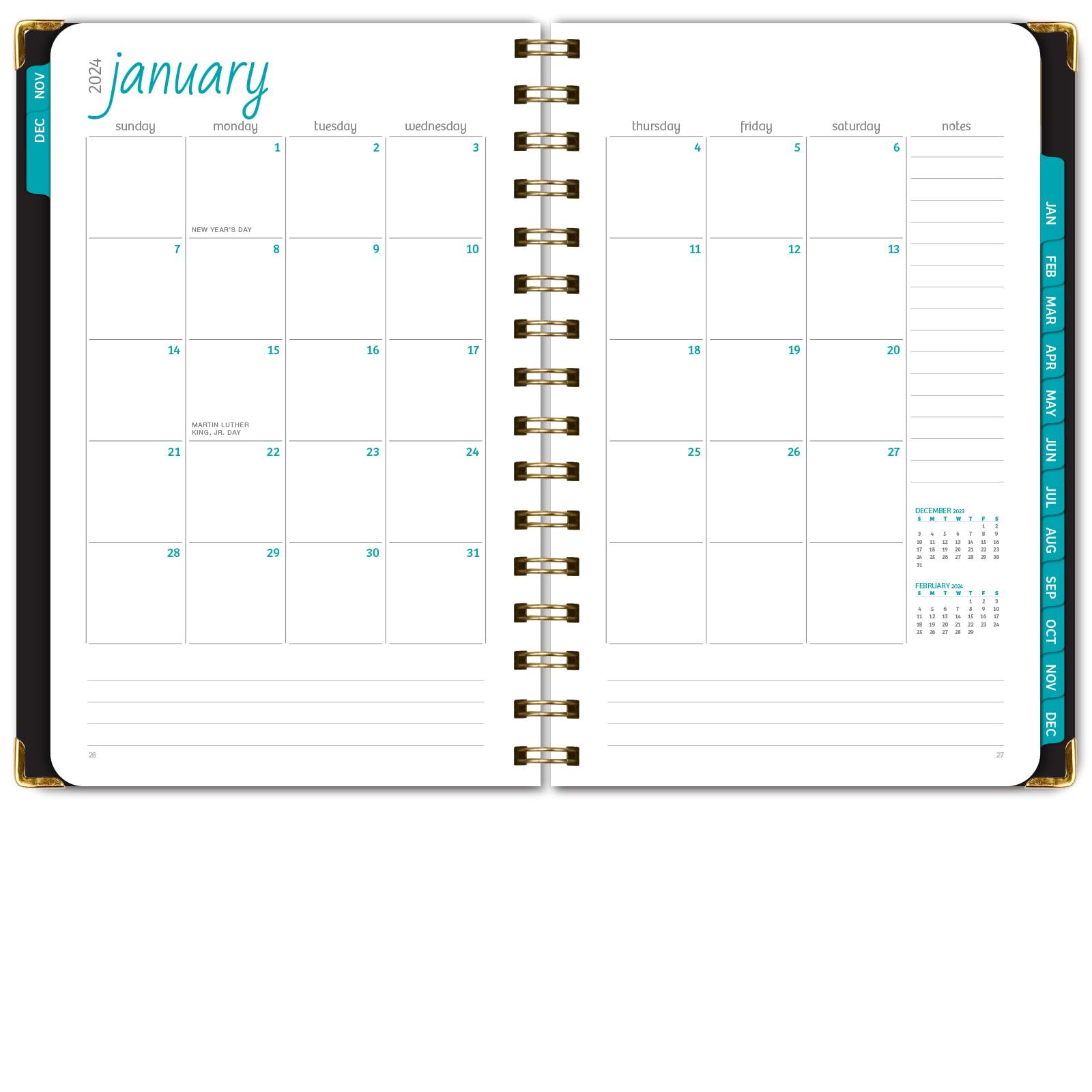 HARDCOVER 2024 Planner: (November 2023 Through December 2024) 5.5"x8" Daily Weekly Monthly Planner Yearly Agenda. Bookmark, Pocket Folder and Sticky Note Set (Golden Floral)
