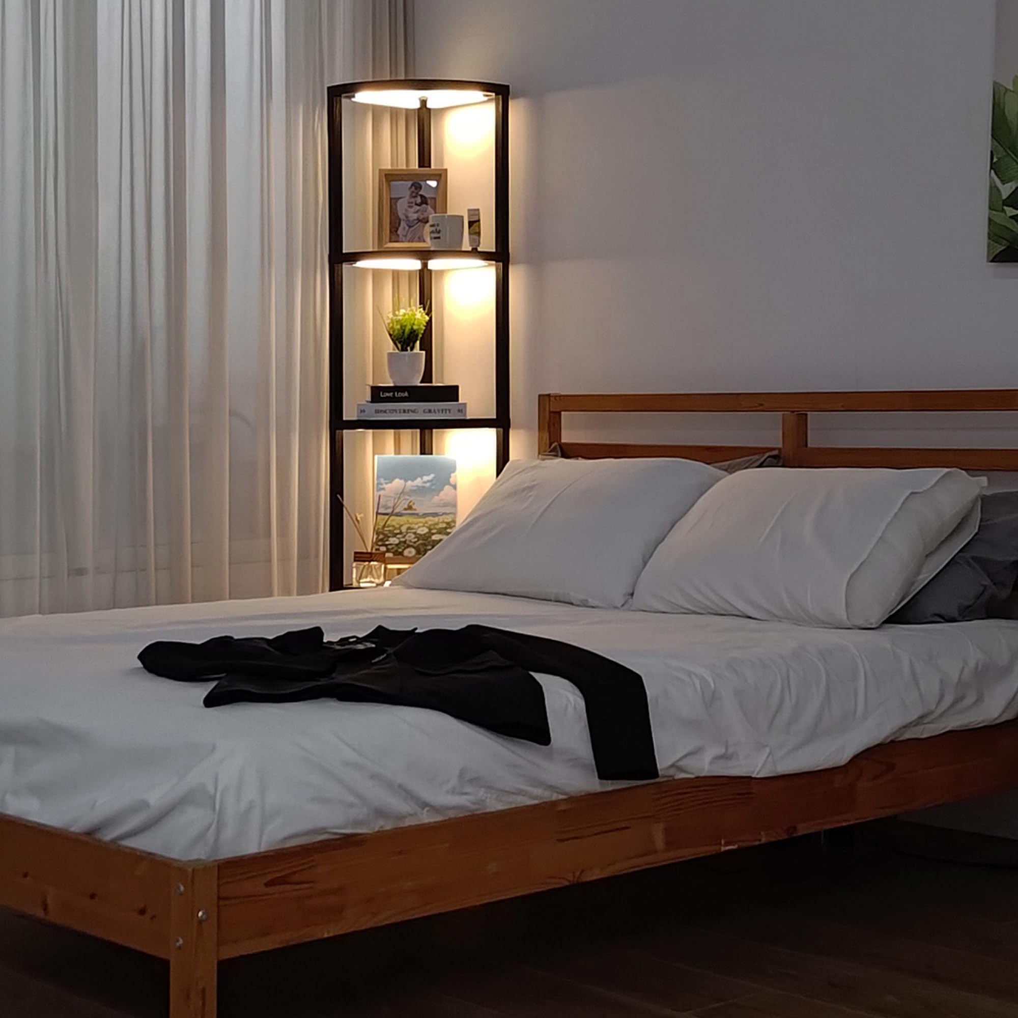 FENLO Fantasy Edge - 66" LED Corner Glass Display Shelf Lamp for Bedrooms, Dimmable Corner Floor Lamp with Shelves, Curio Cabinet Display Case with Remote Control (Black)