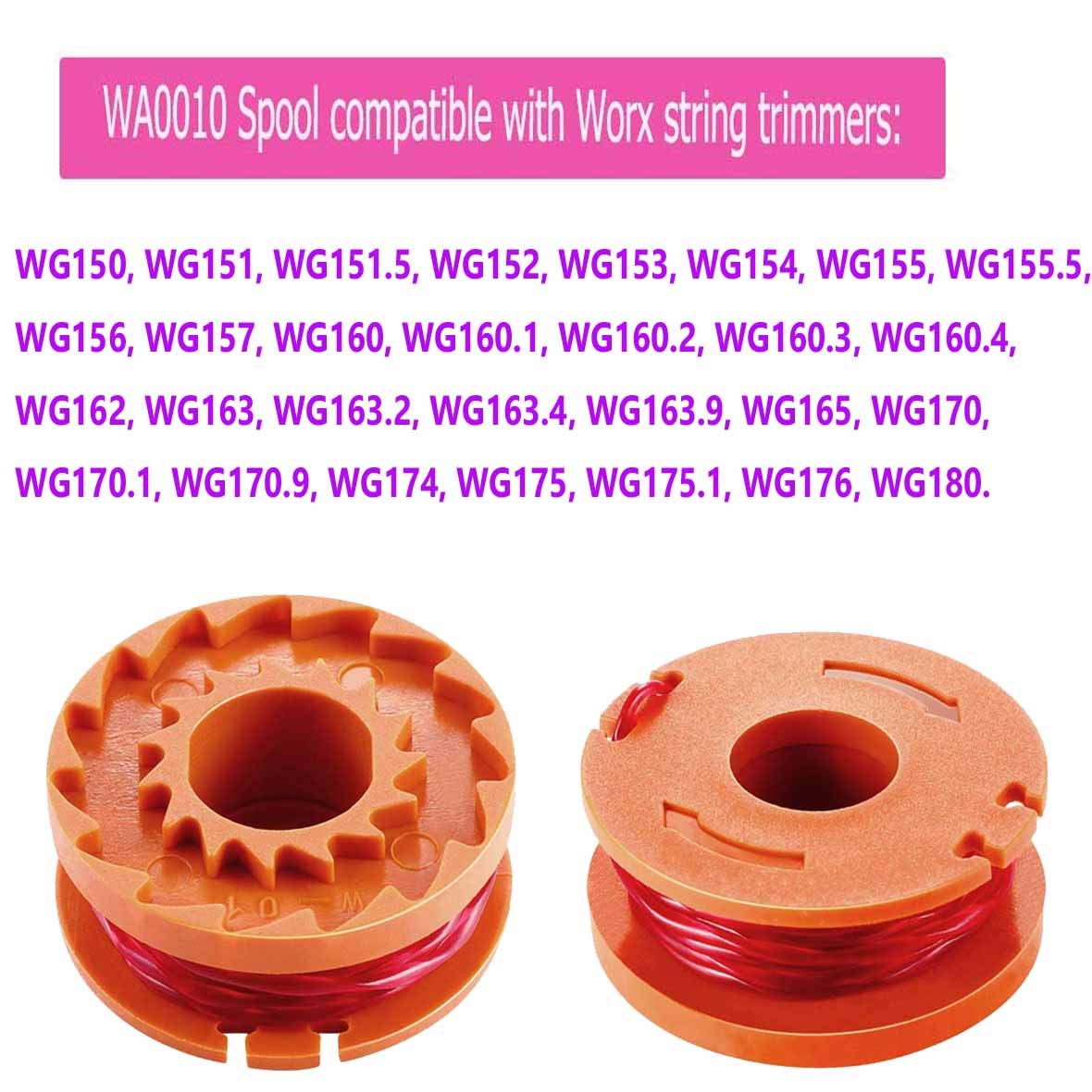 Fyange 10ft 0.065" Line String Trimmer Replacement Spool for Worx WA0010 WG180 WG163 WG175 Electric Trimmer/Edger Weed Eater Line 10ft 0.065 ”+ 2 Pack Spool Cap Covers (8 Spools, 2 Caps)