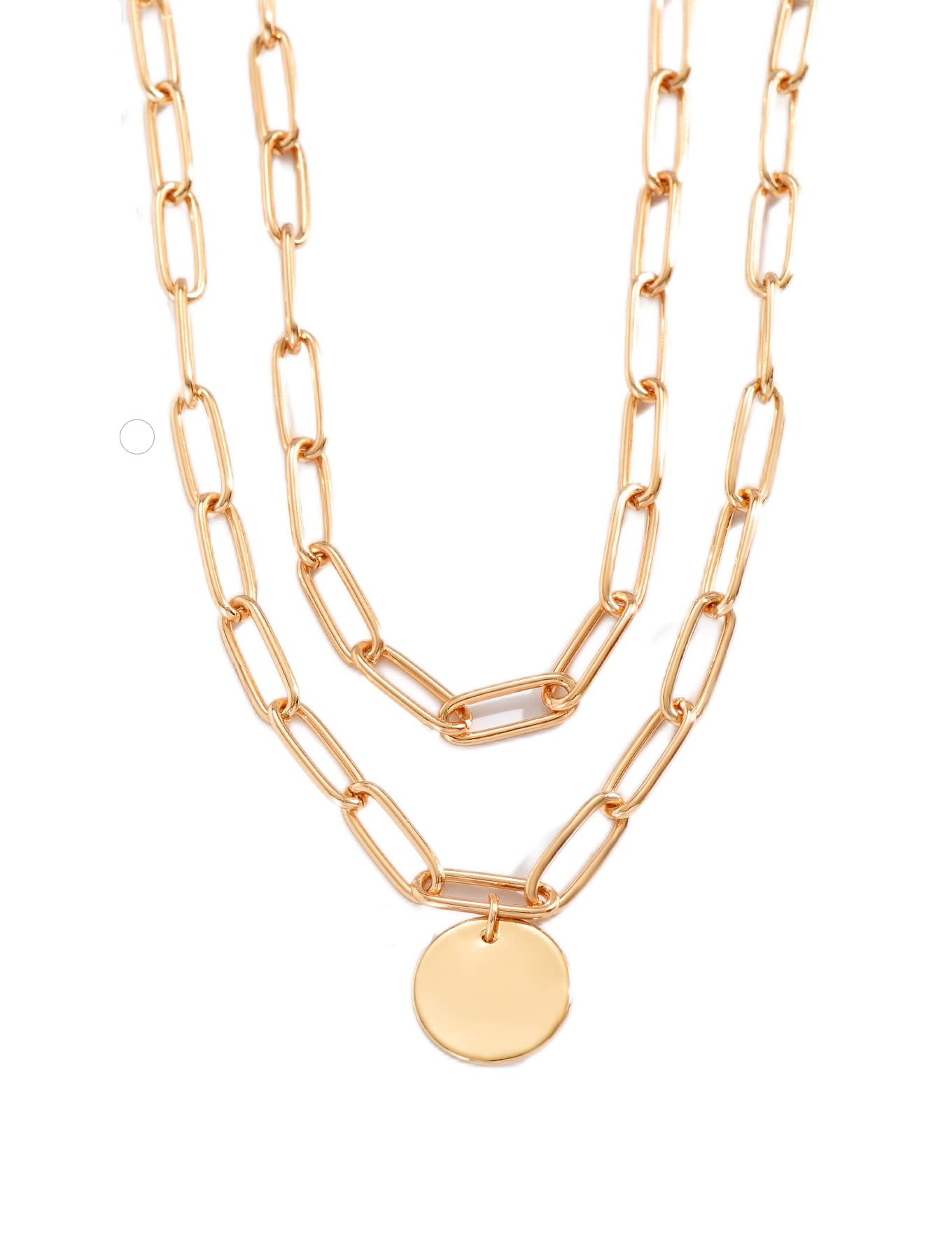 GORGLITTER Women's Round Pendant Layered Necklace Paperclip Chain Necklaces Yellow Gold One Size