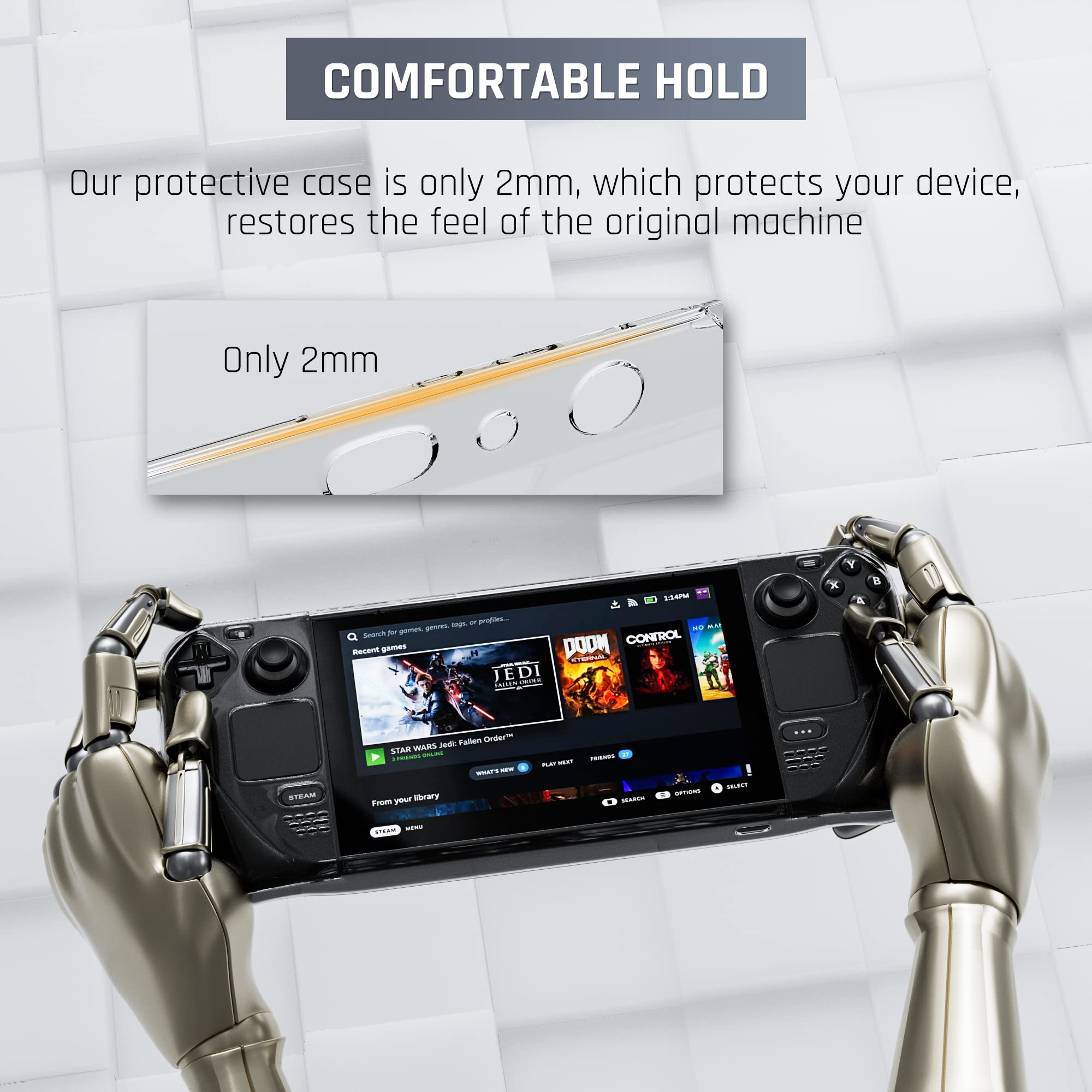 GLDRAM Protective Case for Valve Steam Deck, Clear PC Cover Kit Compatible with Steam Deck with 2 Glass Screen Protector, 8 Thumb Grip Caps, Hard Shell Accessories Drop Protection, Anti- Scratch