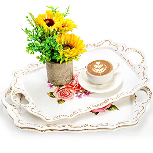 Nicunom 3 Pack Serving Trays with Handles, Melamine Stackable Serving Platter BPA-Free Rectangle Food Tray Set with Flower Pattern for Home, Parties and Restaurants, Safe for Dishwashe