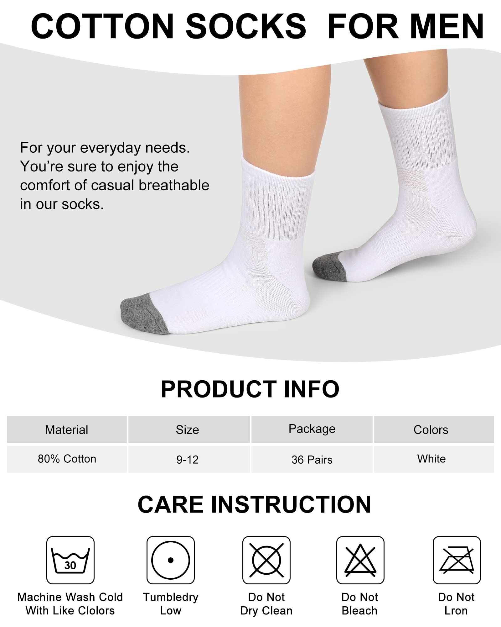 Hicarer 36 Pairs Men's Athletic Ankle Socks Bulk Crew Calf Socks Breathable Cushion Comfortable Casual Running Sock Size 9-12 (White Gray)