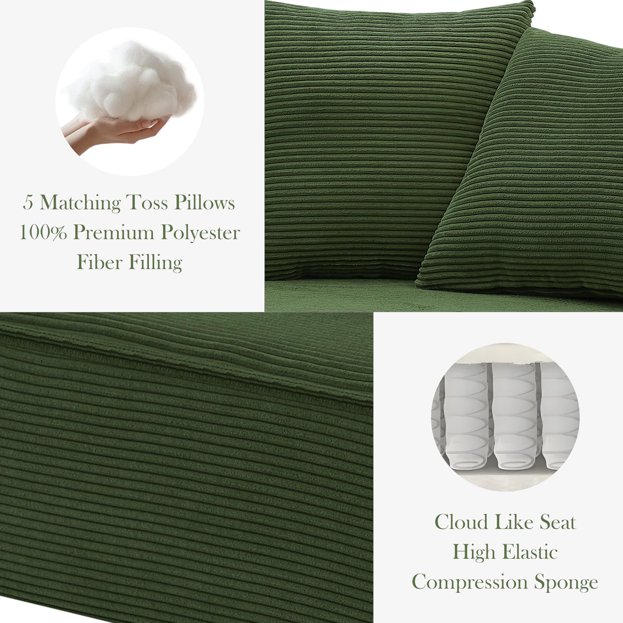 Quenvo Corduroy Sofa Couch for Living Room, Modern 3 Seater Modular Sectional Sofa with 5 Sofa Pillows, Comfy Deep Seat Sofa with Wide Armrest for Apartment Lounge, 89 Inch, Green