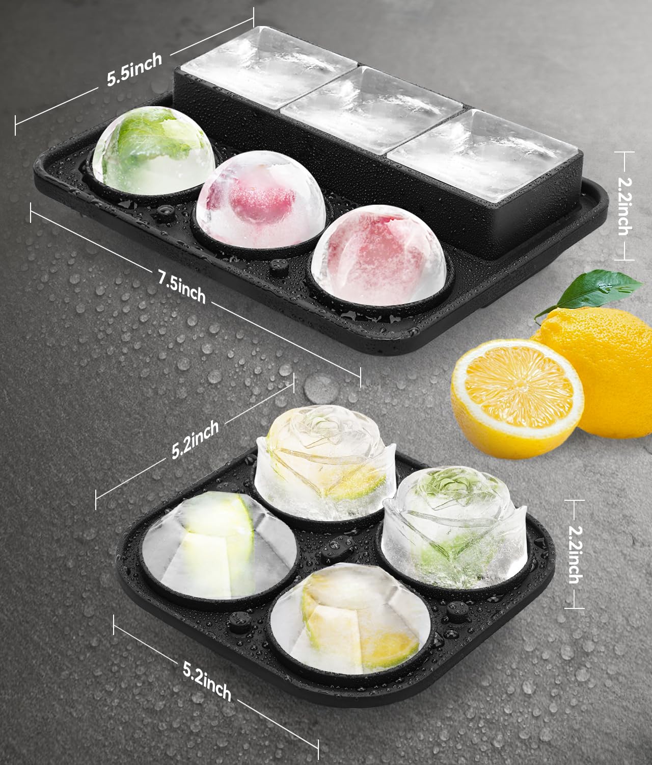Ice Cube Tray with Lid, Silicone Ice Molds with Round, Square, Diamond, Rose, Large Ice Cube Mold for Whiskey, Bourbon, Cocktails, Easy Release BPA Free, Set of 2