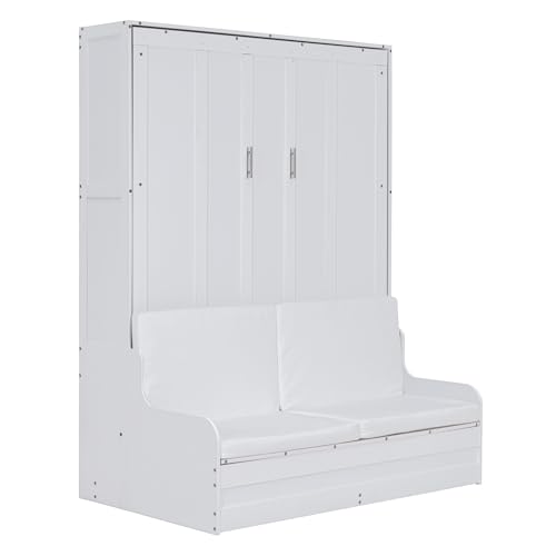Murphy Bed Queen Murphy Bed with Cushion Under the Chair, Queen Size Murphy Bed Cabinet Bed, Wood Queen Wall Bed, Hidden Murphy Bed, Horizontal Murphy Bed for Guest Bedroom Apartment Studio Use, White