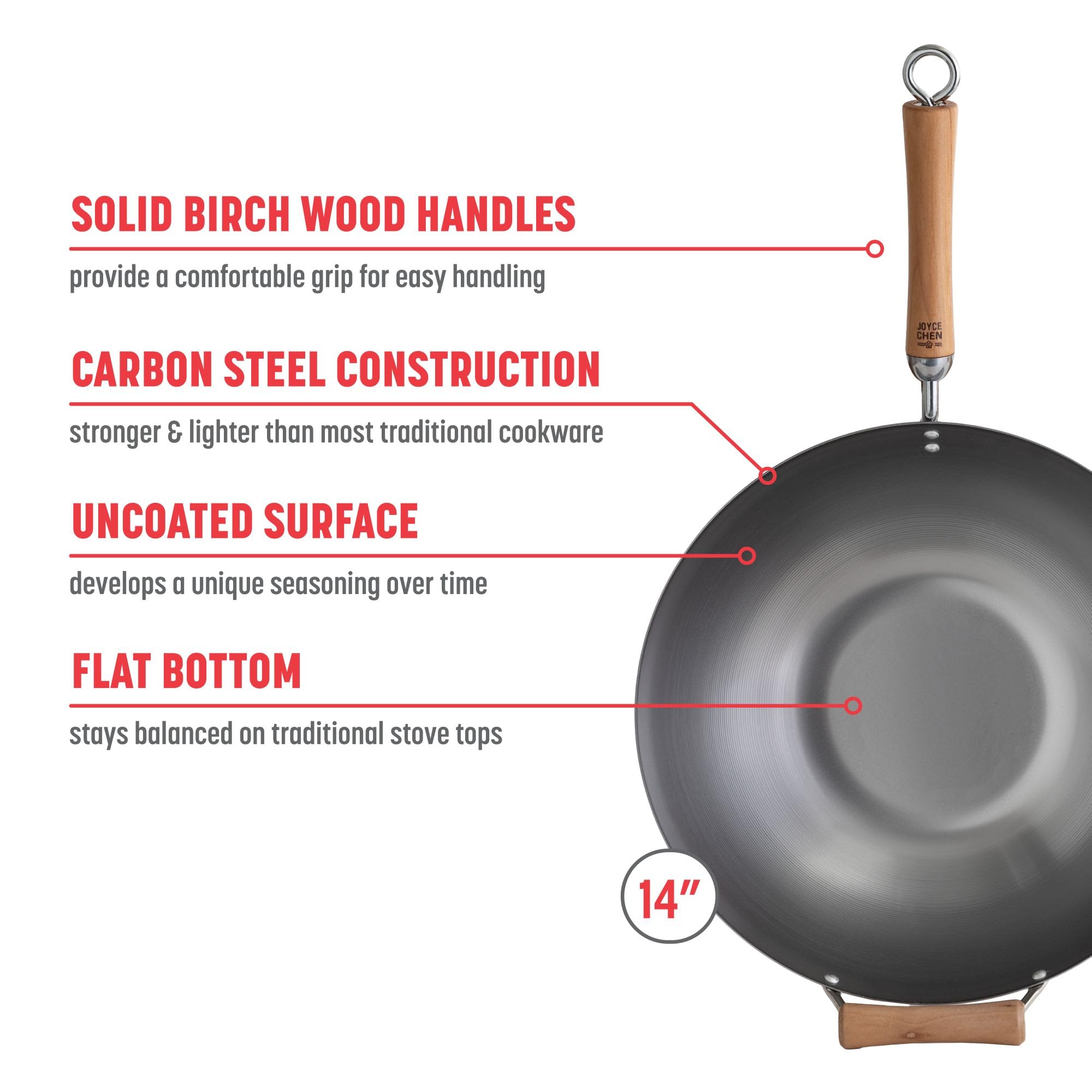 JOYCE CHEN Classic Series 14-Inch Uncoated Carbon Steel Wok Set with Lid and Birch Handles, 4 Pieces