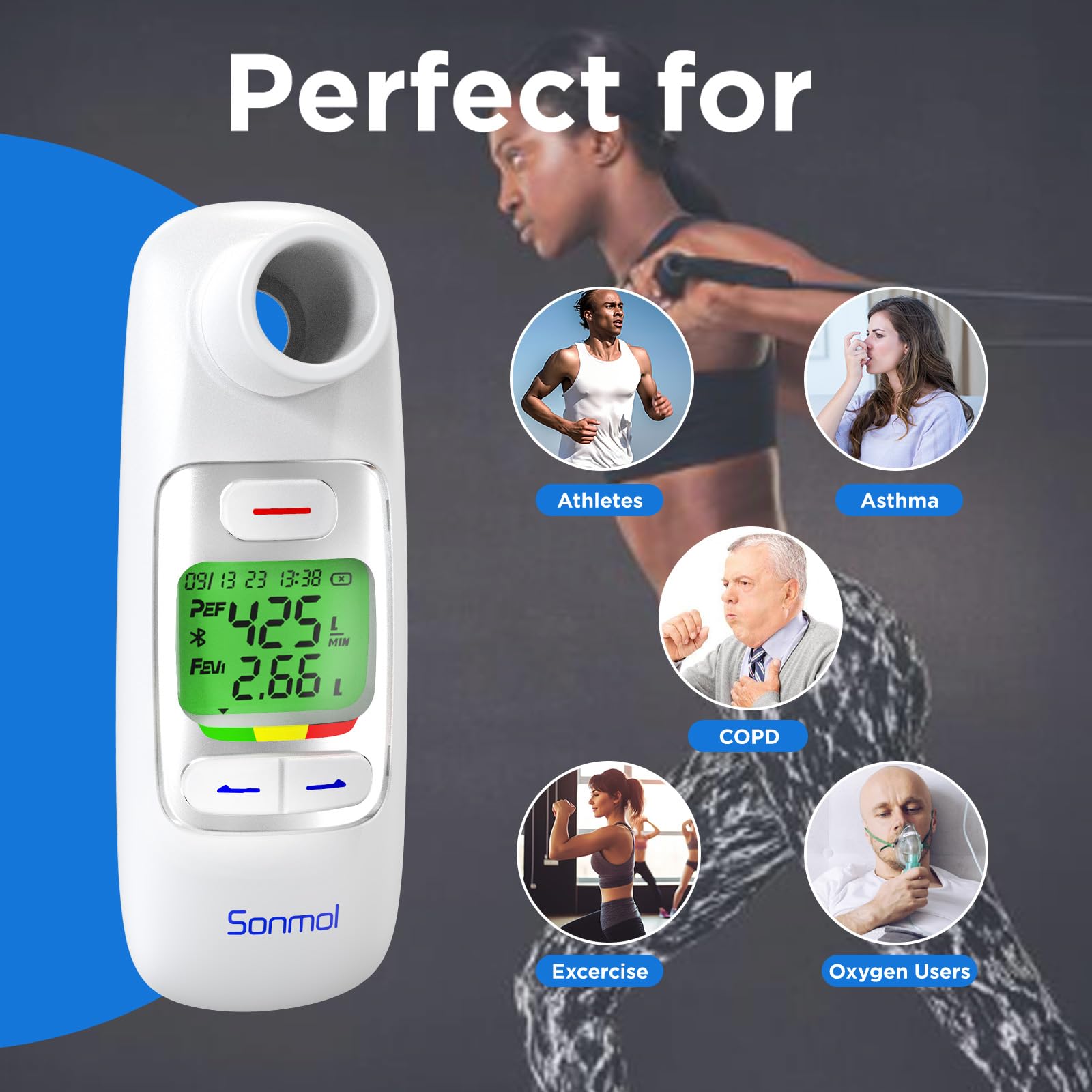 Peak Flow Meter,Portable Peak Flow Meter Test PEF & FEV1 for Kids Adults Asthma COPD & Other Lung Conditions Monitor, Tracking App Bluetooth Connection with 300 Records Storage Function