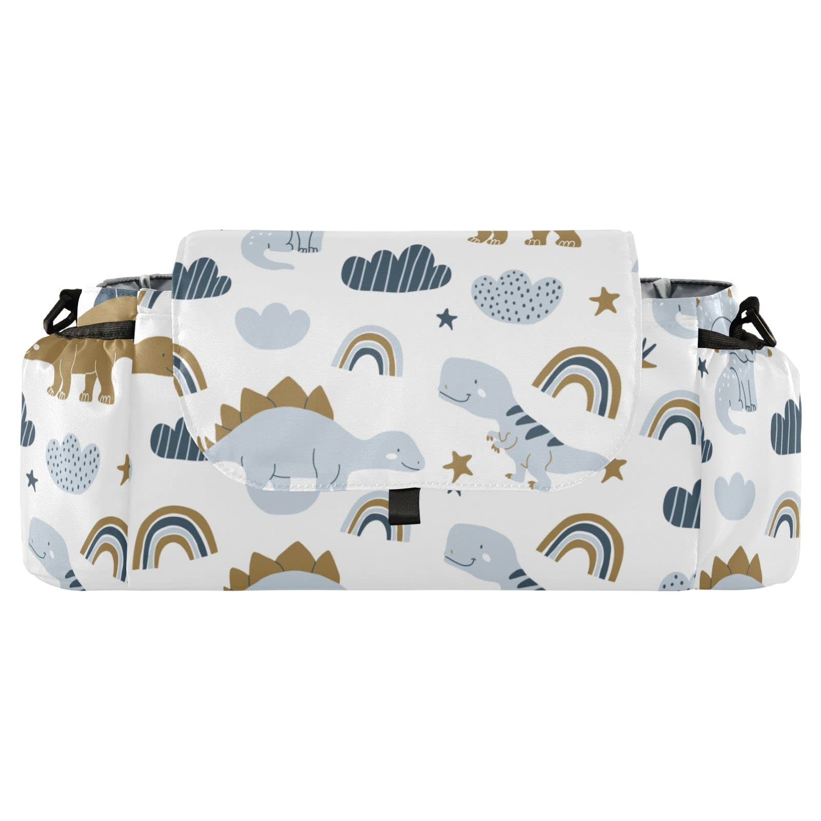 Kigai Cute Blue Dinosaurs Baby Stroller Organizer with Cup Holders, Secure Hooks Accessories Adjustable Strap Stroller Bag for Bottle, Diaper, Phone, Toys, Baby Items