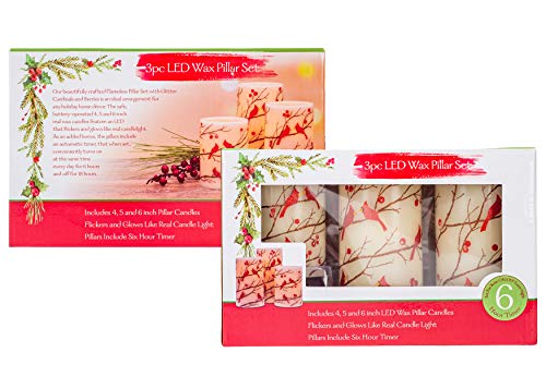 Mark Feldstein & Associates Flameless LED Glitter Berries and Cardinals Wax Pillar Candles with Timer, 3pc Set