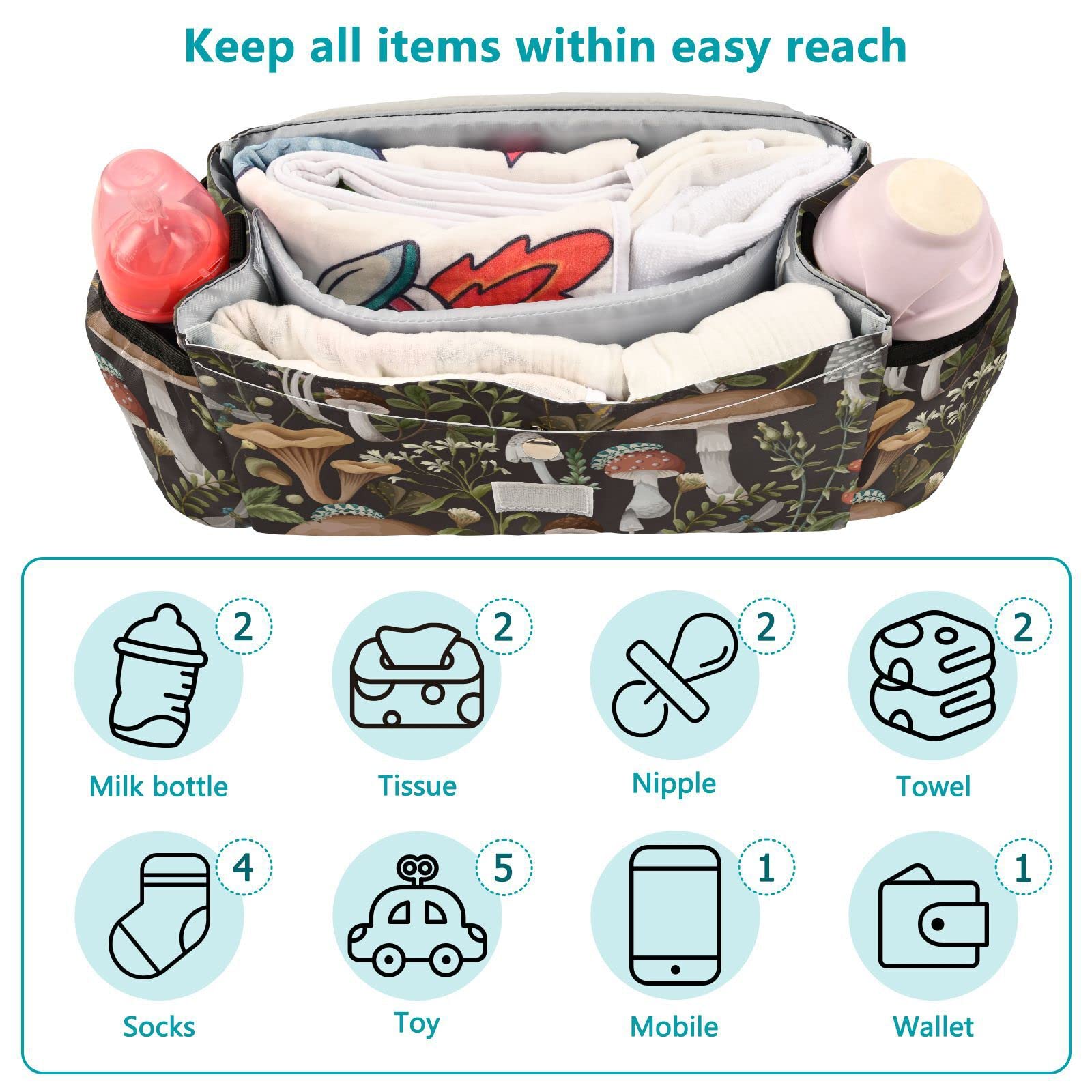 Kigai Fairytale Mushroom Baby Stroller Organizer with Cup Holders, Secure Hooks Accessories Adjustable Strap Stroller Bag for Bottle, Diaper, Phone, Toys, Baby Items