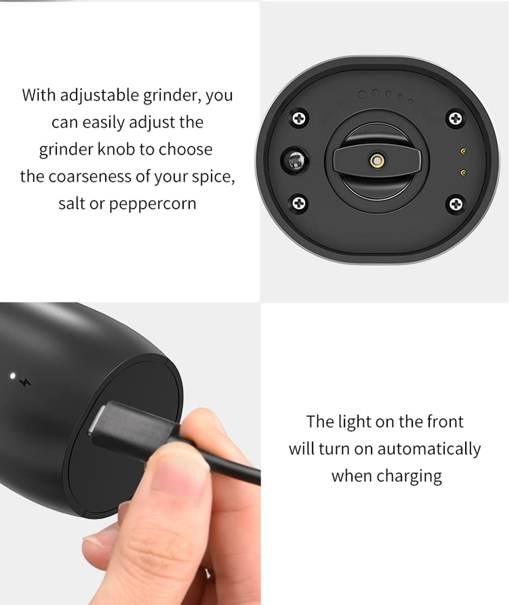 Electric Salt and Pepper Grinder,Rechargable Operated Salt Grinder,Automatic Pepper Mill with LED Light, One-hand Button Control