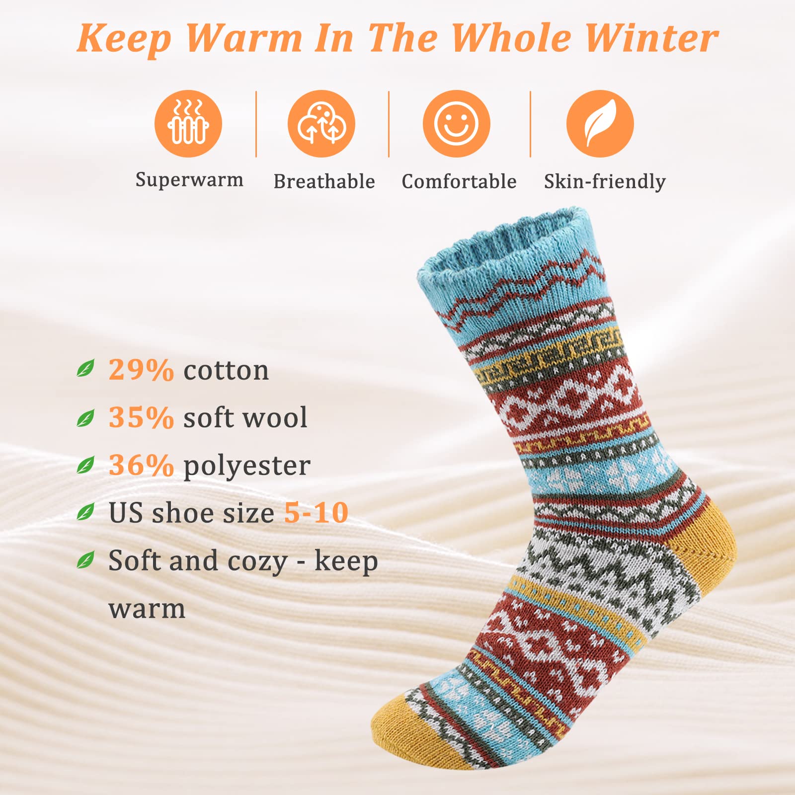 HiTauing 5 Pack Womens Wool Socks Winter Soft Warm Cold Knit Wool Crew Socks Thick Knit Cozy Winter Socks Gifts for Women One Size