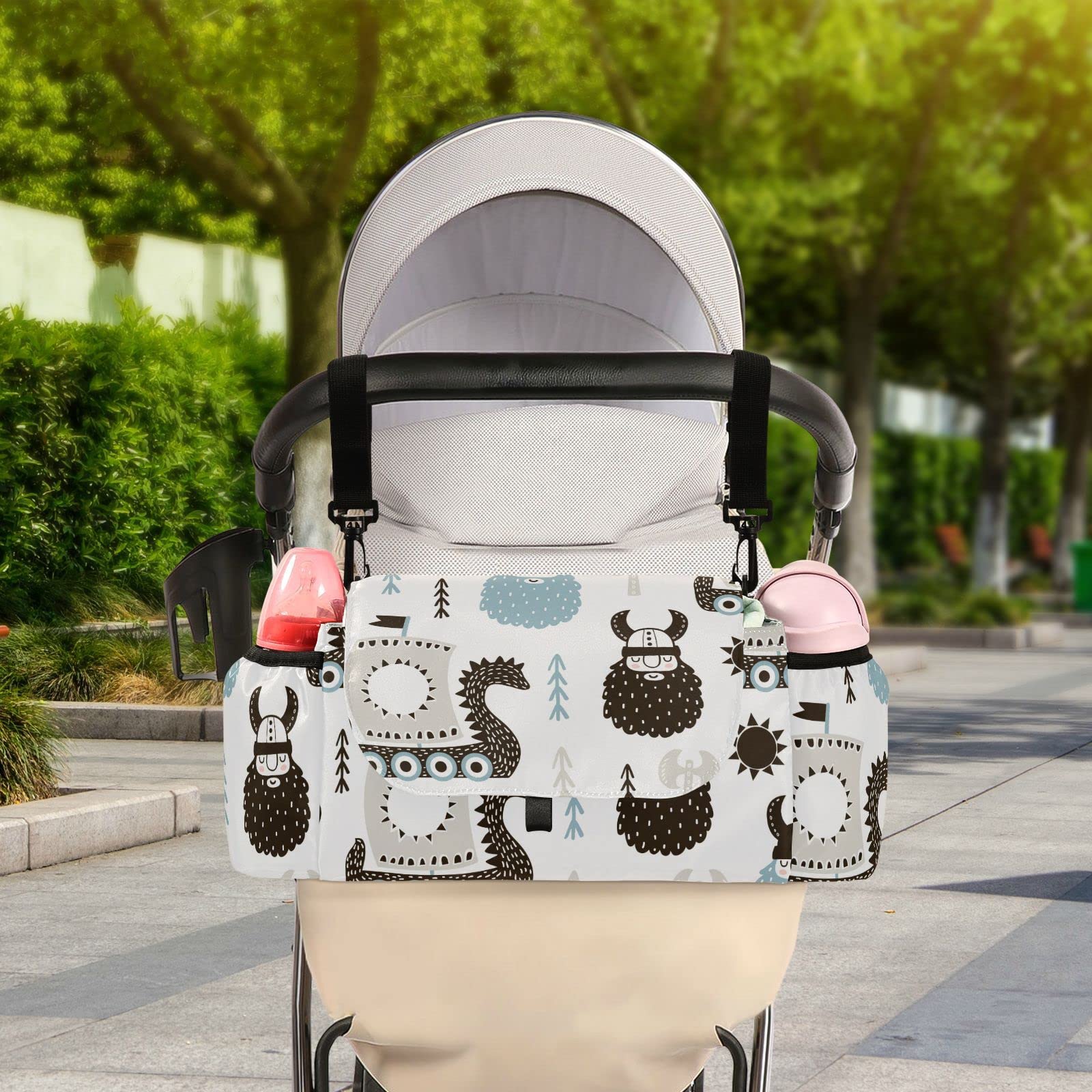 Kigai Viking Boat White Baby Stroller Organizer with Cup Holders, Secure Hooks Accessories Adjustable Strap Stroller Bag for Bottle, Diaper, Phone, Toys, Baby Items