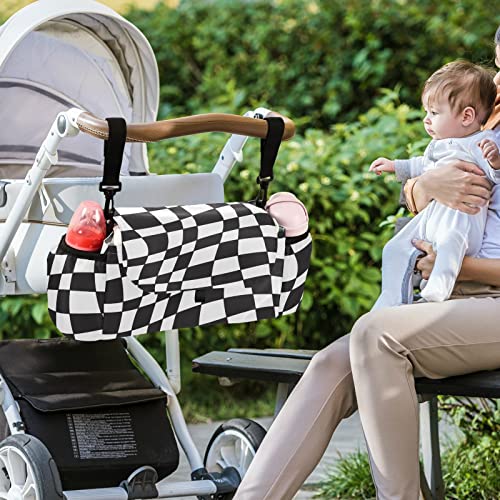 Kigai Y2k Curvy Chessboard Baby Stroller Organizer with Cup Holders, Secure Hooks Accessories Adjustable Strap Stroller Bag for Bottle, Diaper, Phone, Toys, Baby Items