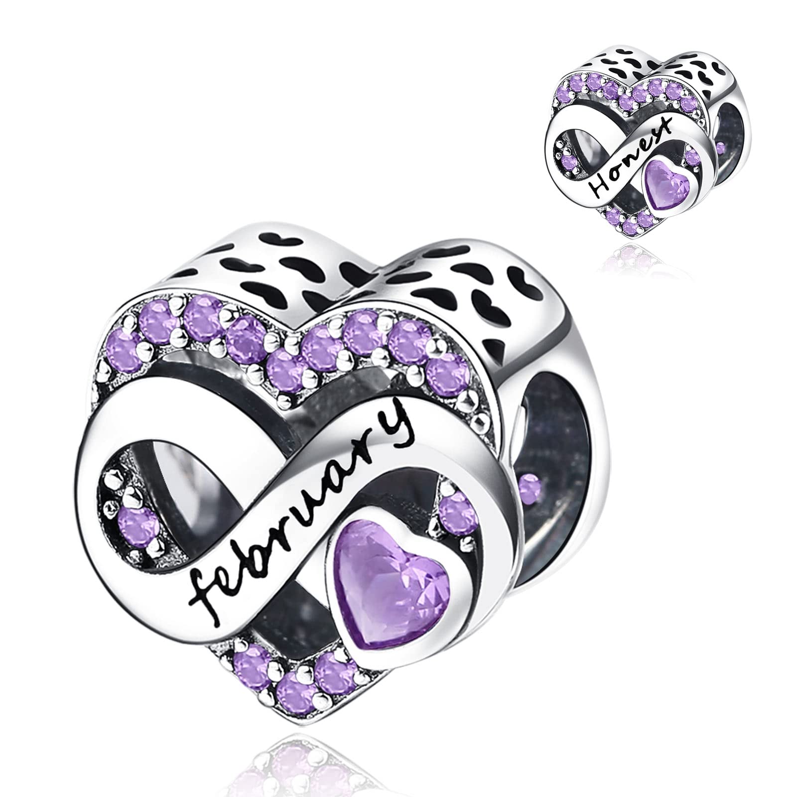 GOINEVA Birthstone Charms for Bracelet Necklace 925 Sterling Silver Love Heart Charms Happy Birthday Charms for Women Jewelry Gift(February)