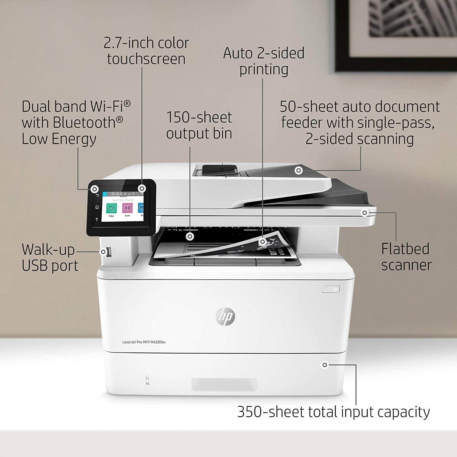 HP Laserjet Pro MFP M428fdw Wireless Monochrome All-in-One Laser Printer for Home Business Office, White - Print Scan Copy Fax - 40 ppm, 1200 x 1200 dpi, 50-Sheet ADF, Auto Duplex Printing, Ethernet