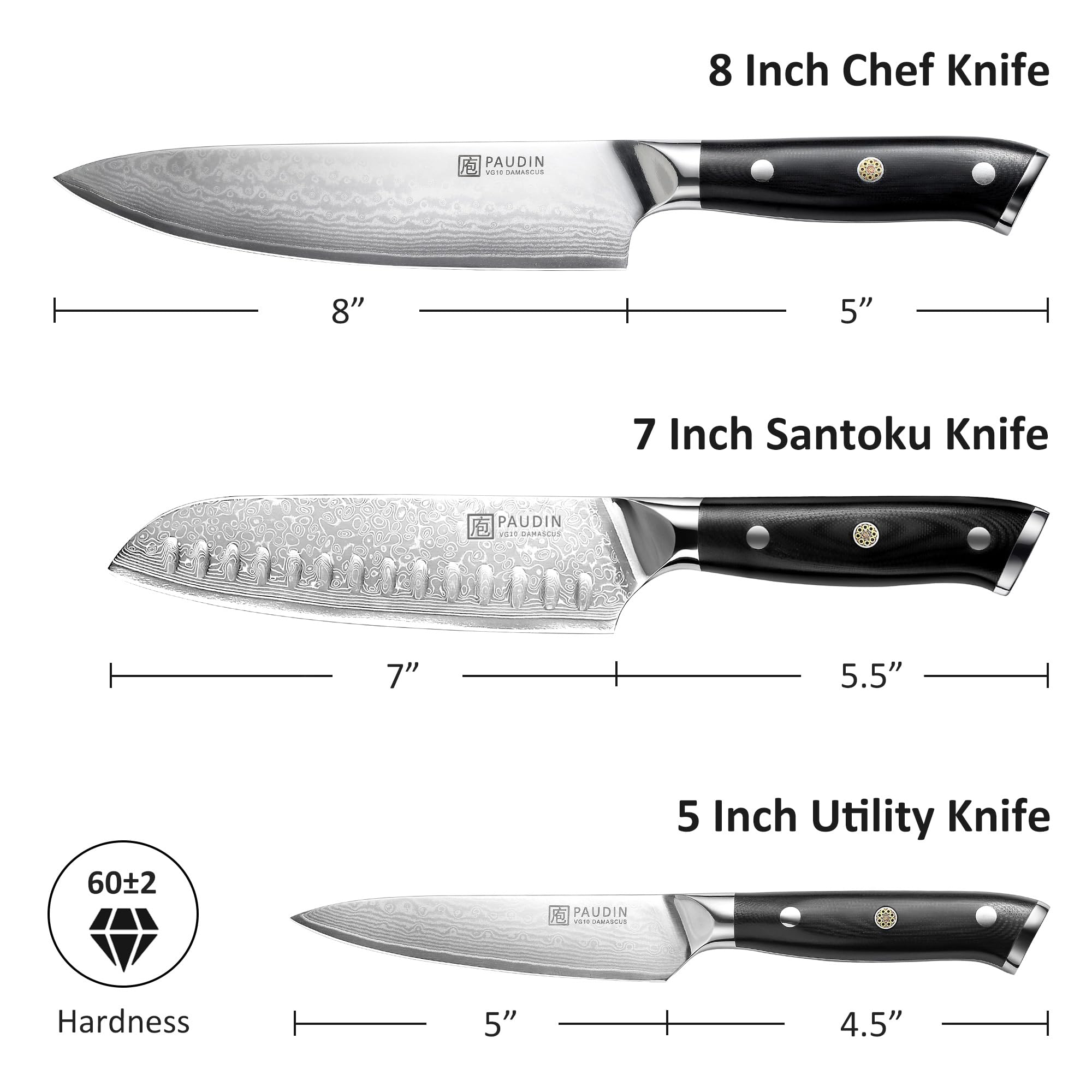 PAUDIN Damascus Knife Set 3 PCS, Kitchen Knife Set with Japanese VG10 Steel Core, Ultra Sharp Chef Knife Set with Full Tang G10 Handle, Damascus Kitchen Knives